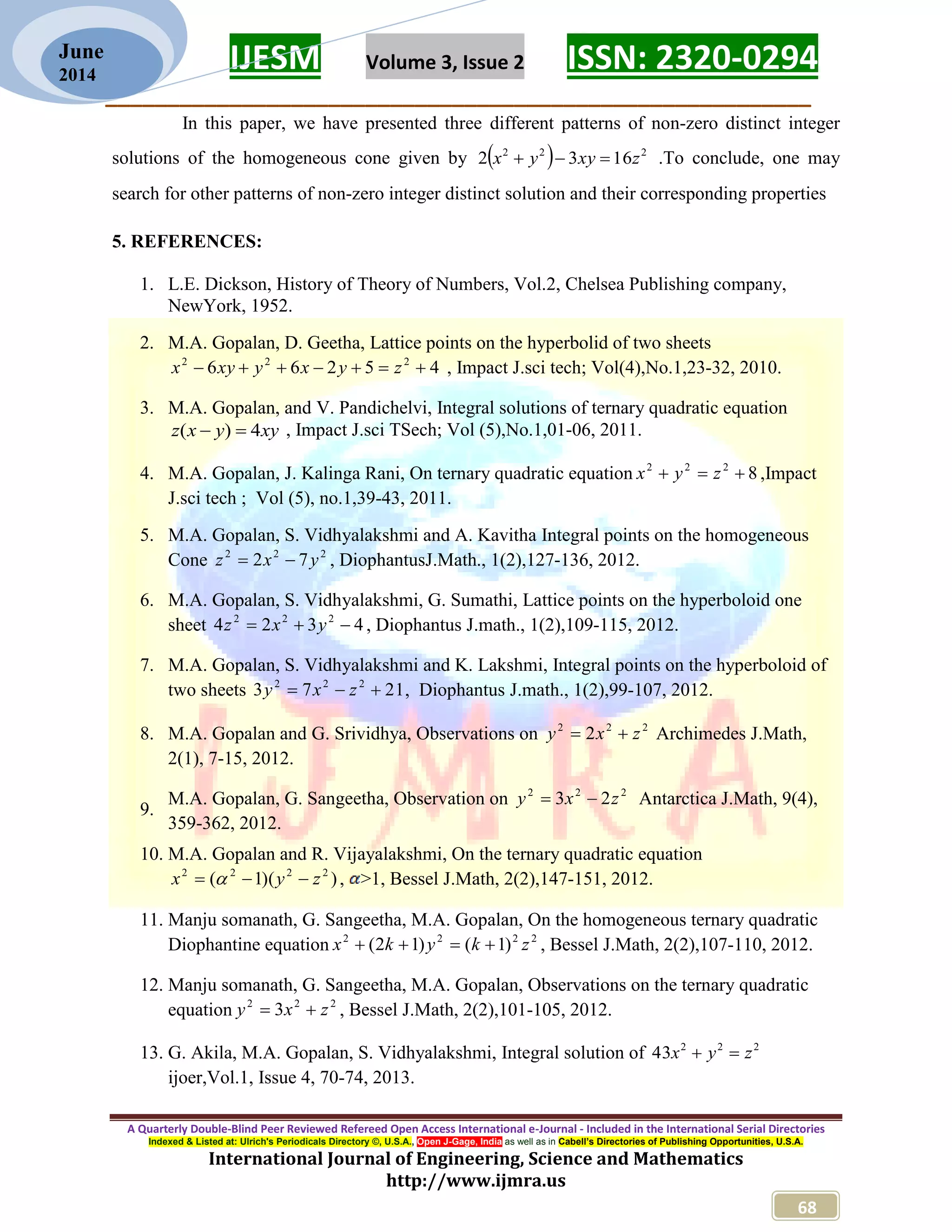 ON HOMOGENEOUS TERNARY QUADRATIC DIOPHANTINE EQUATION | PDF