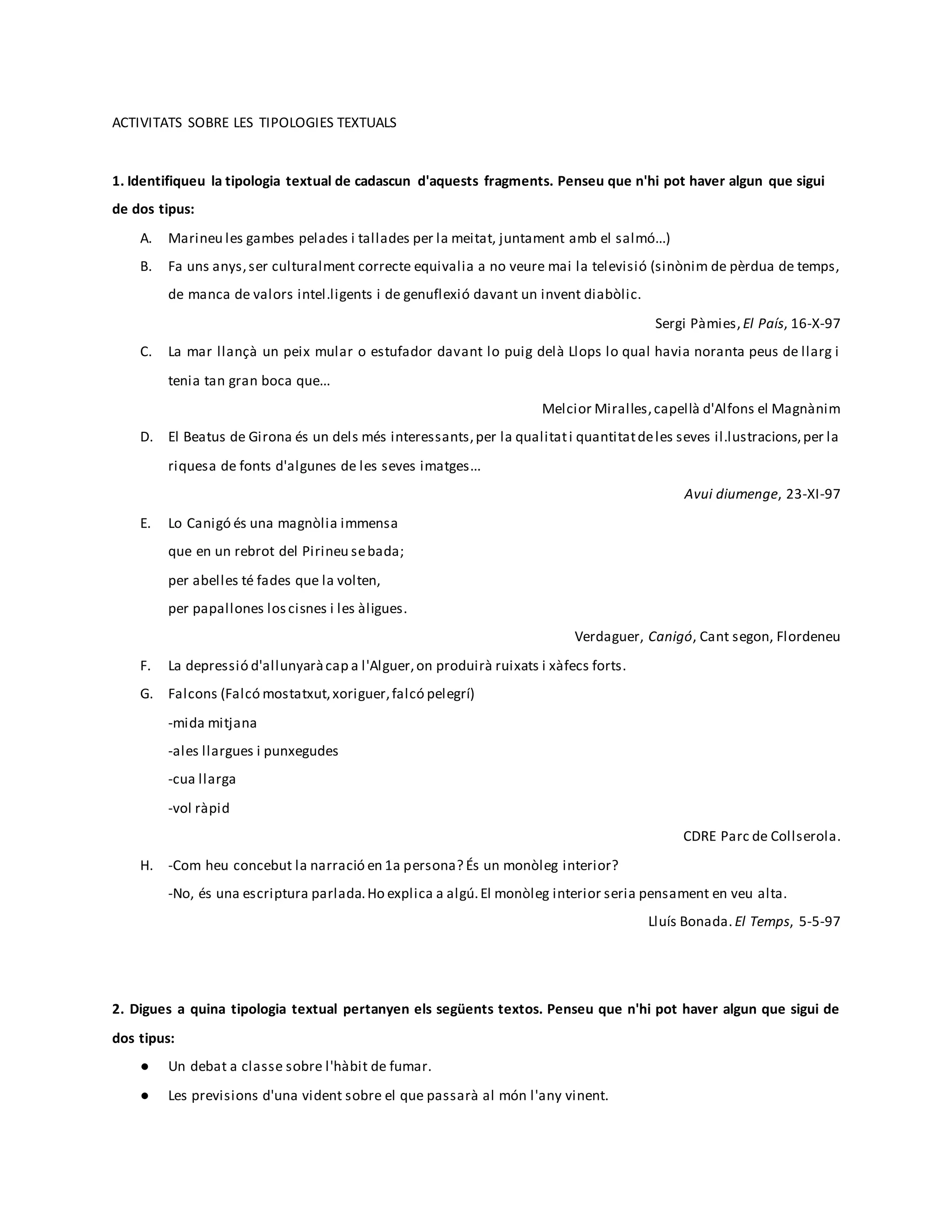 Activitats sobre les tipologies textuals | DOCX