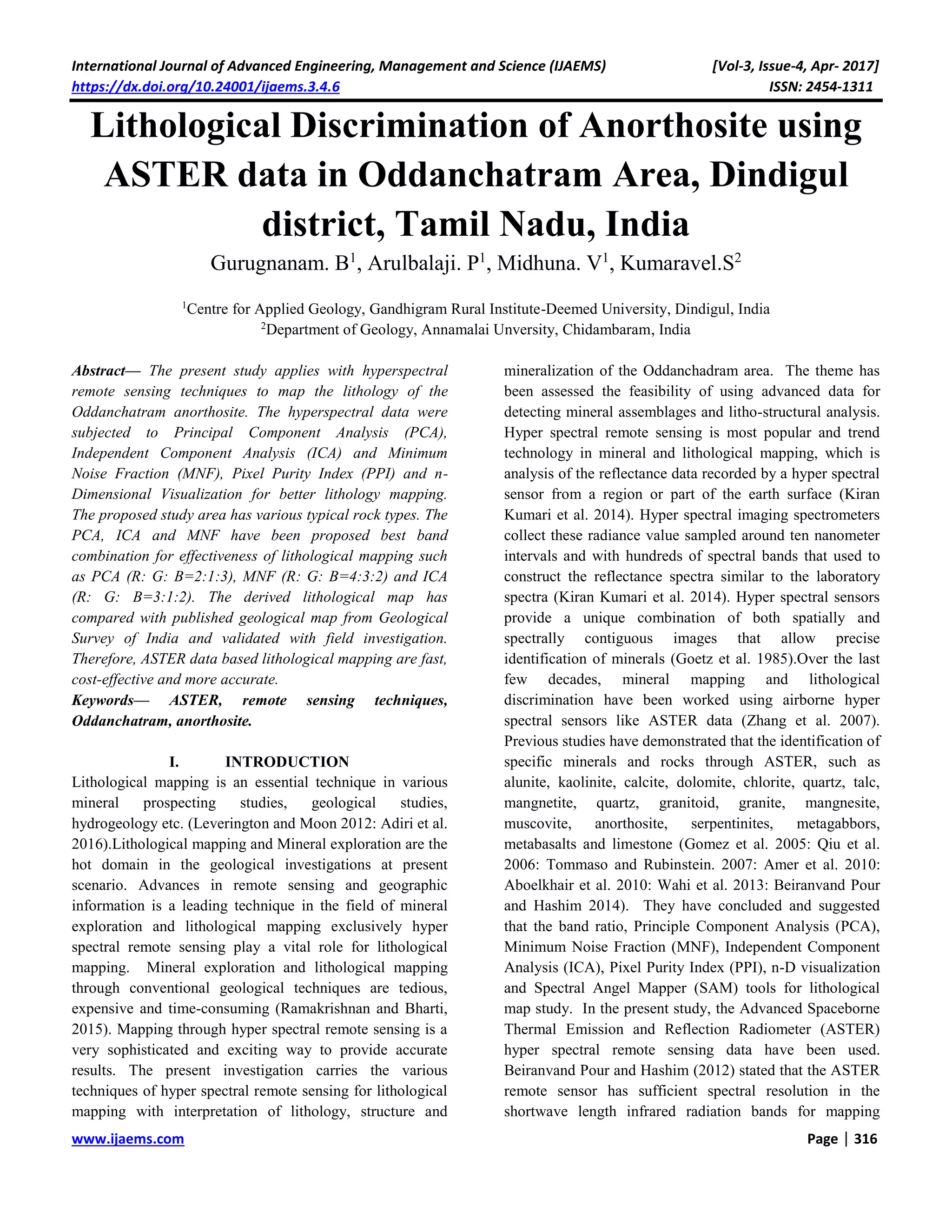 lithological discrimination of anorthosite using aster data in oddanchatram area | PDF