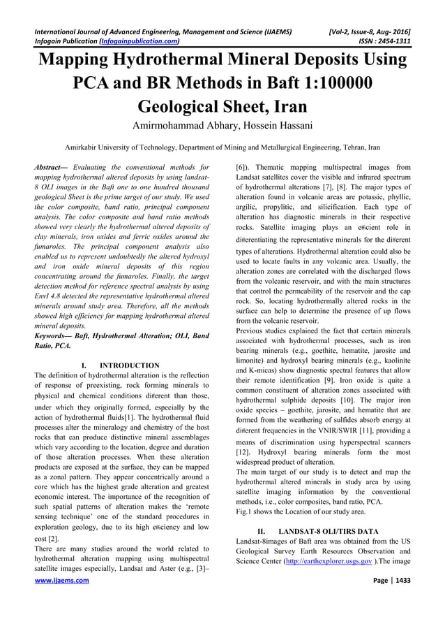 Mapping Hydrothermal Mineral Deposits Using PCA and BR Methods in Baft 1:100000 Geological Sheet ...