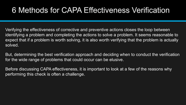 6 methods for CAPAs effectiveness verification | PPTX