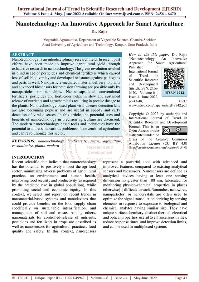 Nanotechnology An Innovative Approach for Smart Agriculture | PDF