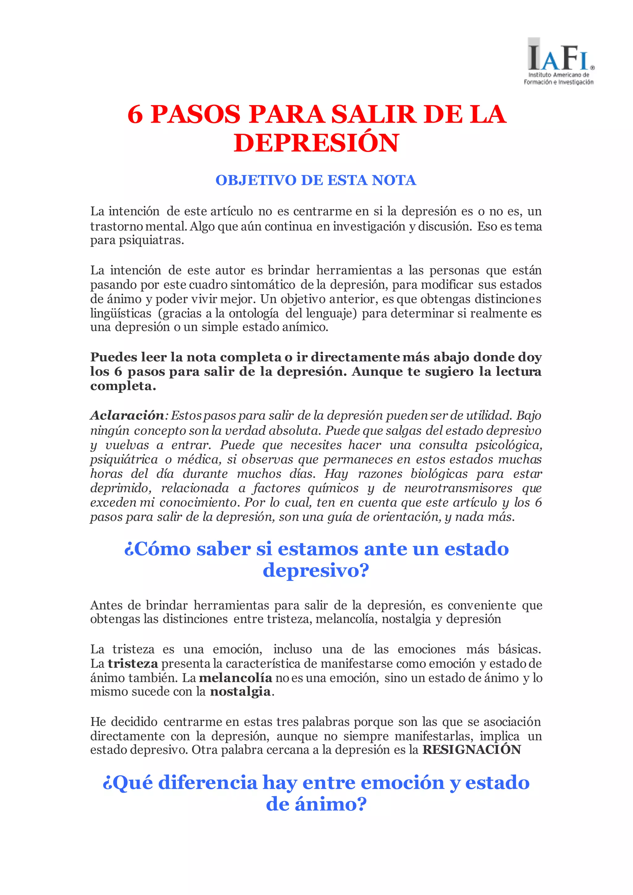 6 Pasos Para Salir De La Depresión Pdf