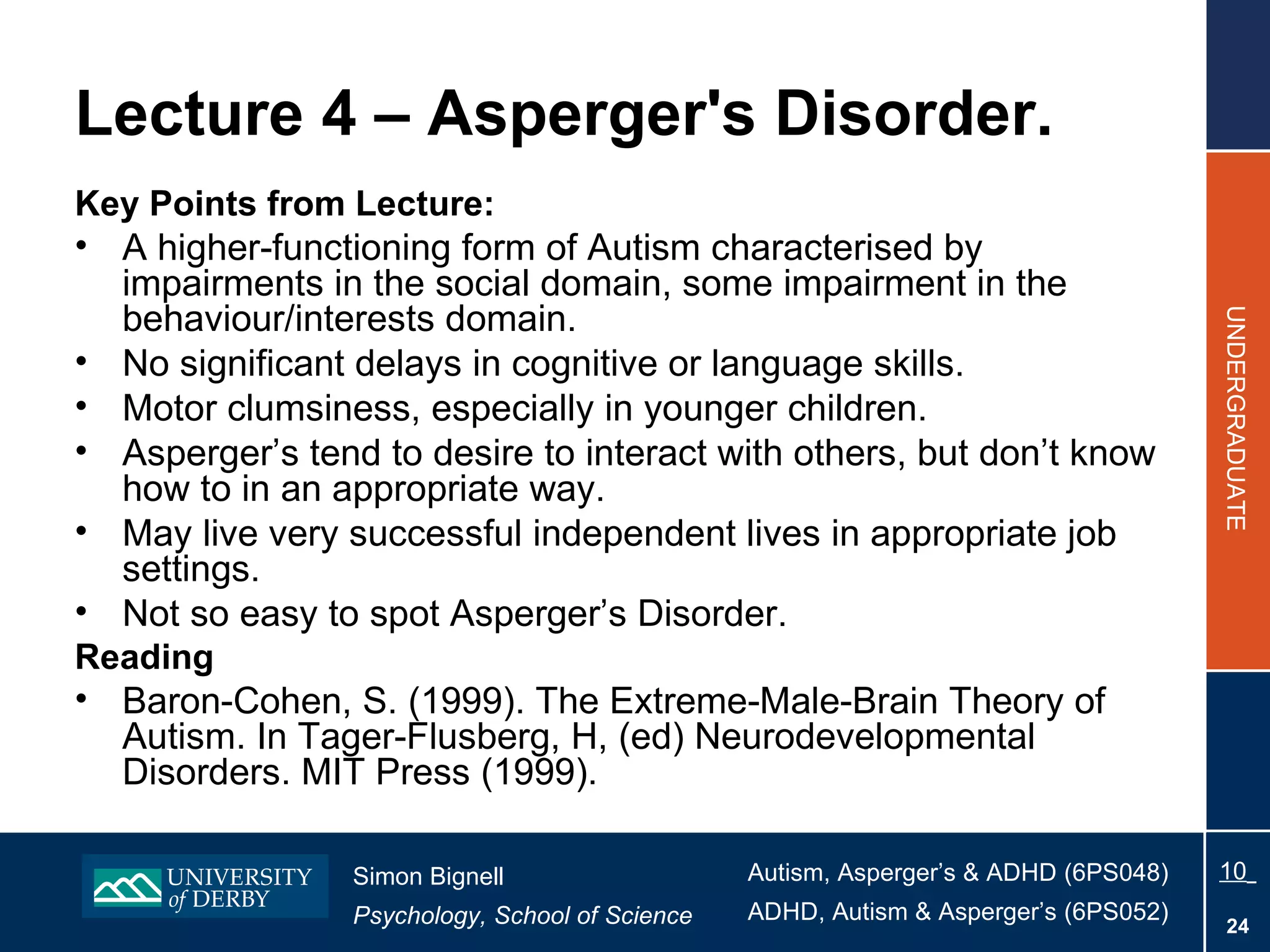 Topic 10 - Autism, Asperger's and ADHD 2010 | PPT