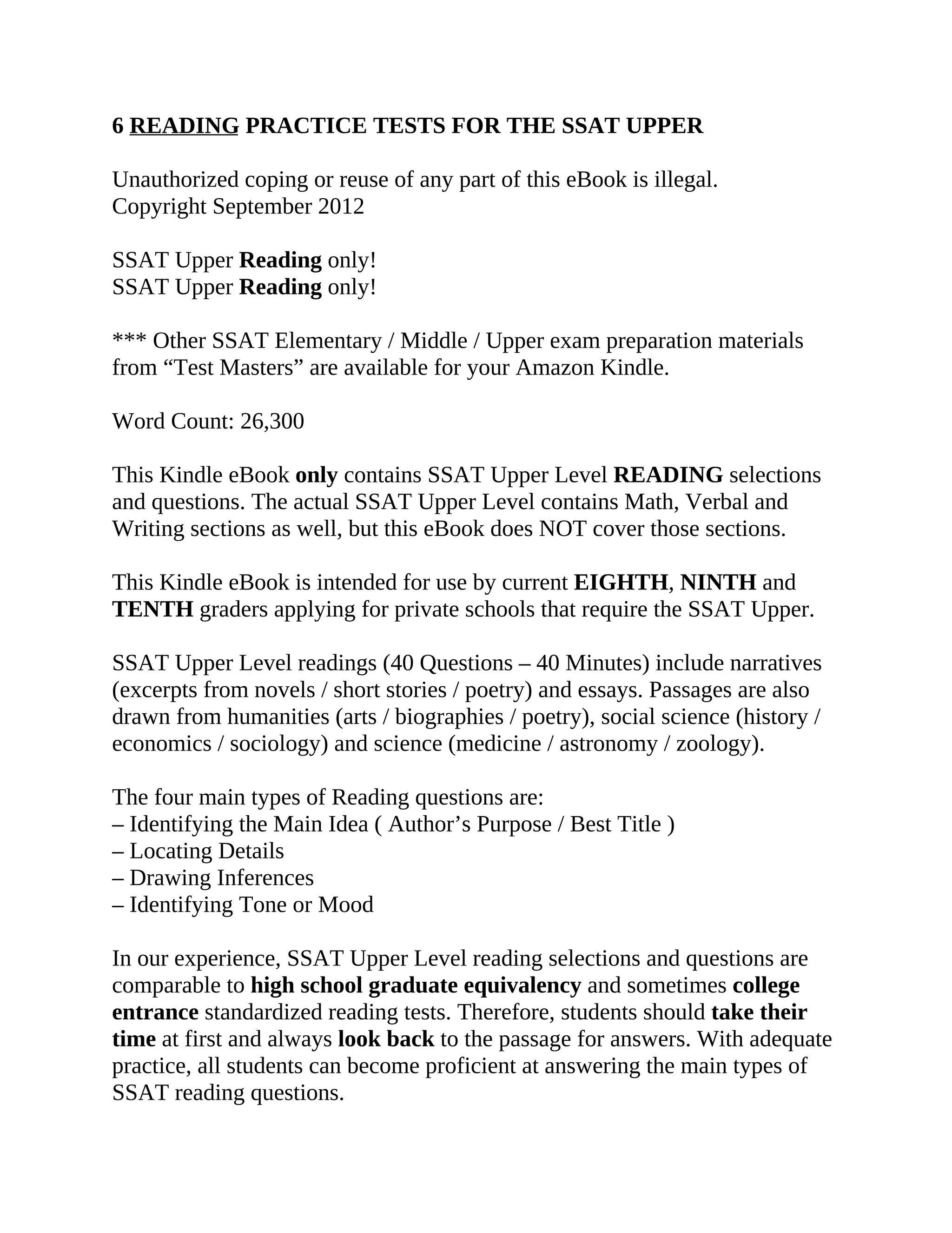 6 reading practice test for the SSAT upper | PDF