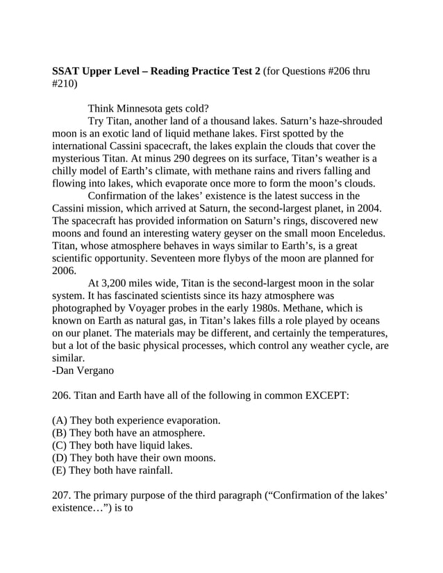 6 reading practice test for the SSAT upper | PDF