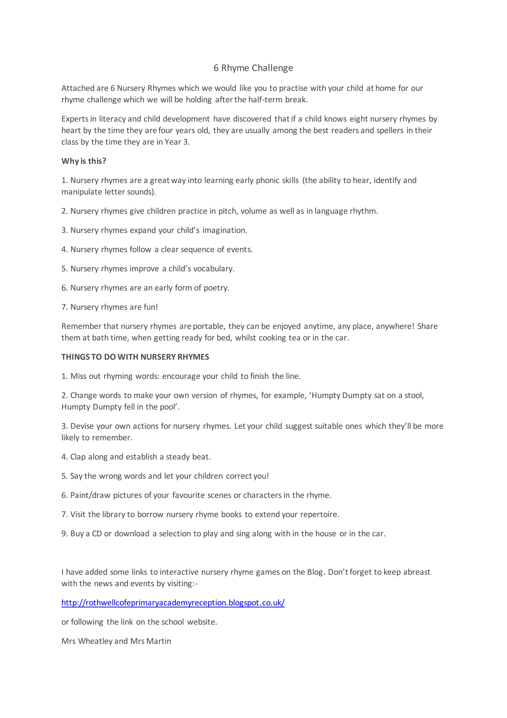 6 rhyme challenge letter | DOCX