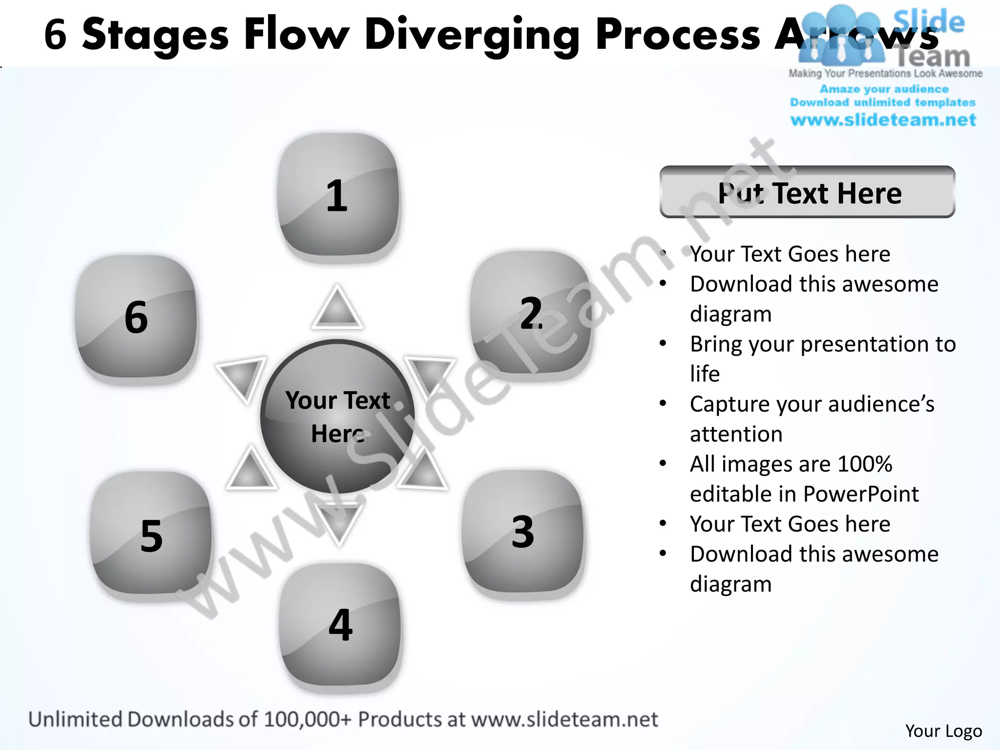 6 stages flow diverging process arrows circular layout diagram power ...