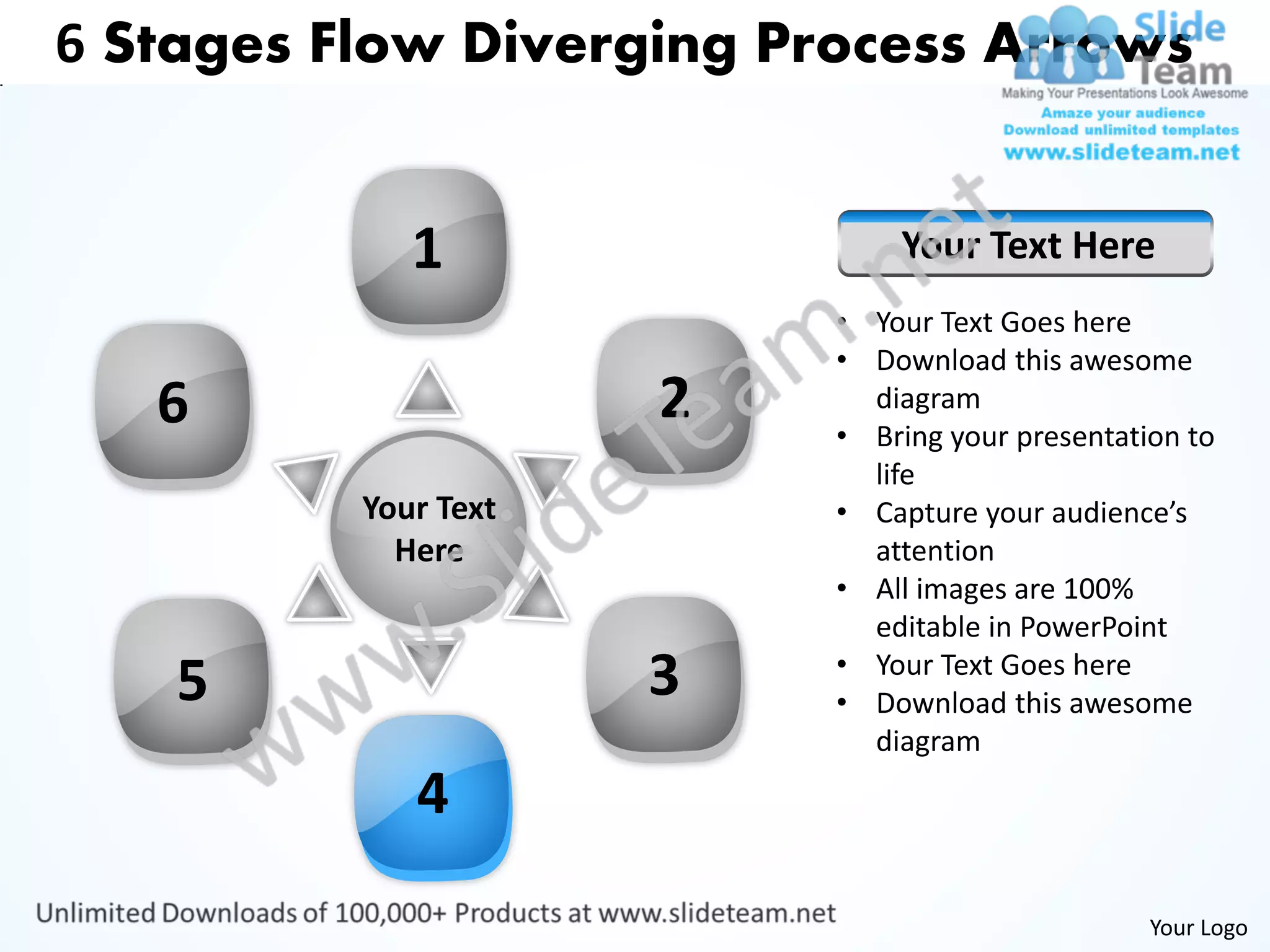 6 stages flow diverging process arrows circular layout diagram power point slides | PDF ...