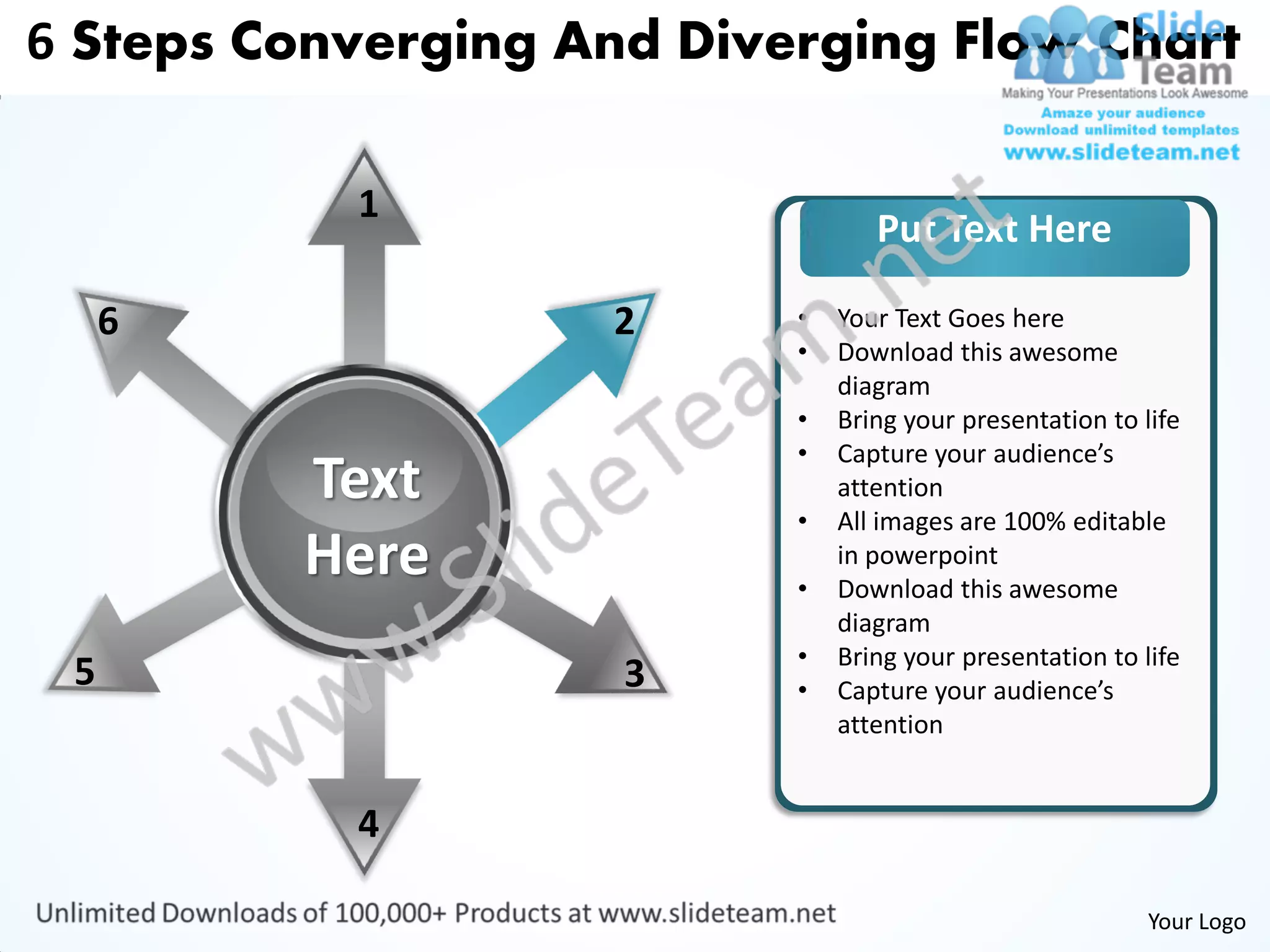6 steps converging and diverging flow chart circular layout diagram ...
