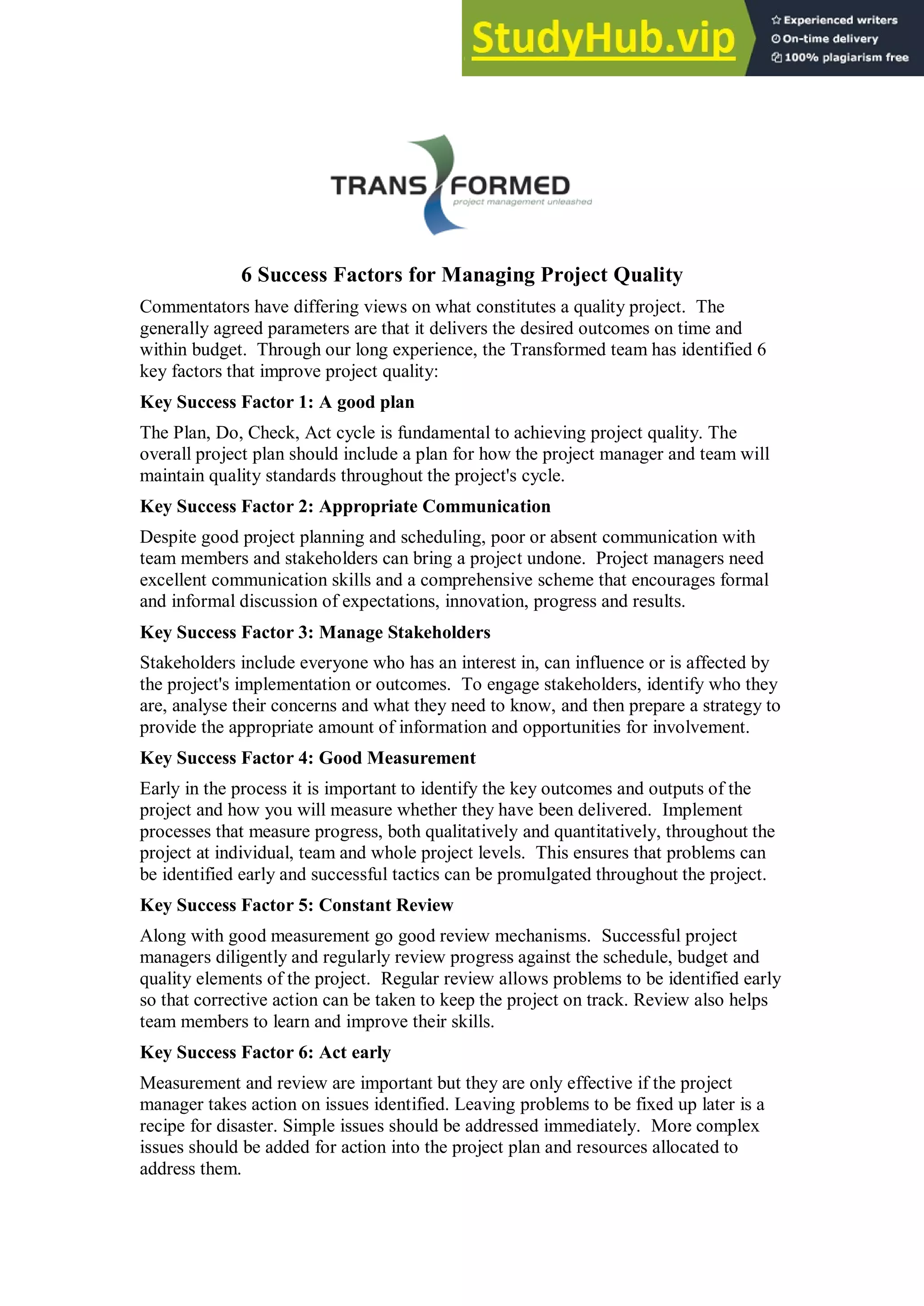 6 Success Factors For Managing Project Quality | PDF