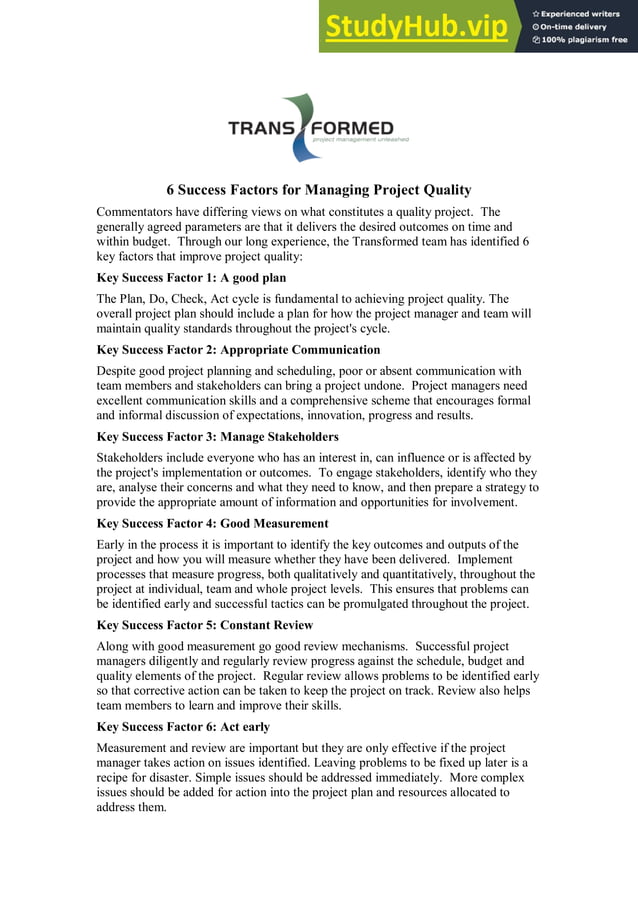 6 Success Factors For Managing Project Quality | PDF