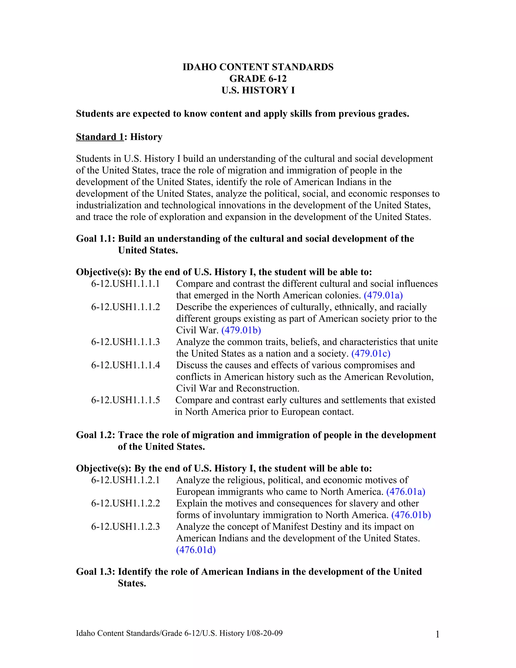 Idaho Content Standards - U.S. History Standards (Grade 6-12) | DOC