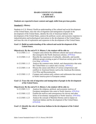 Idaho Content Standards - U.S. History Standards (Grade 6-12) | DOC
