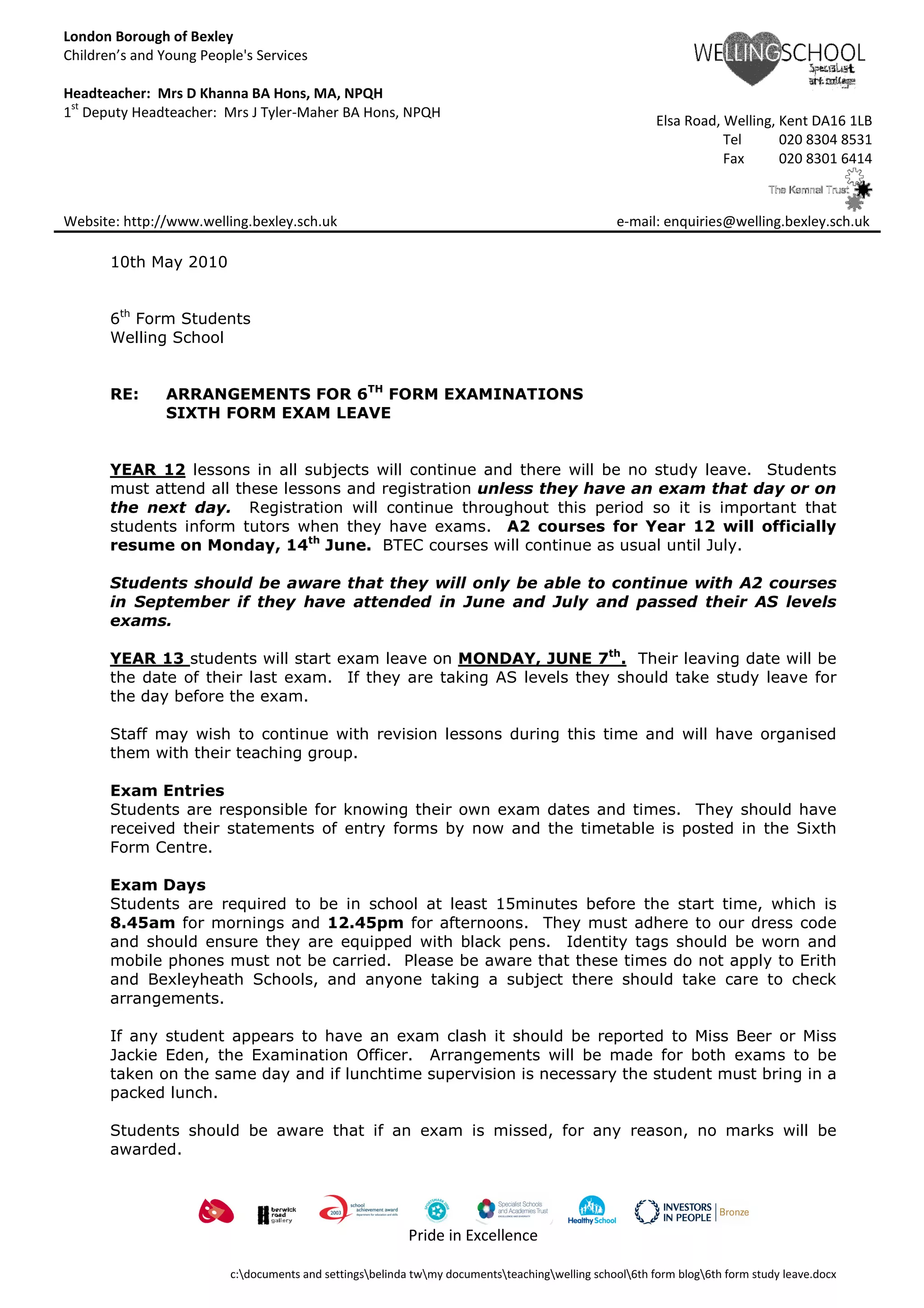 6th form study leave letter | PDF