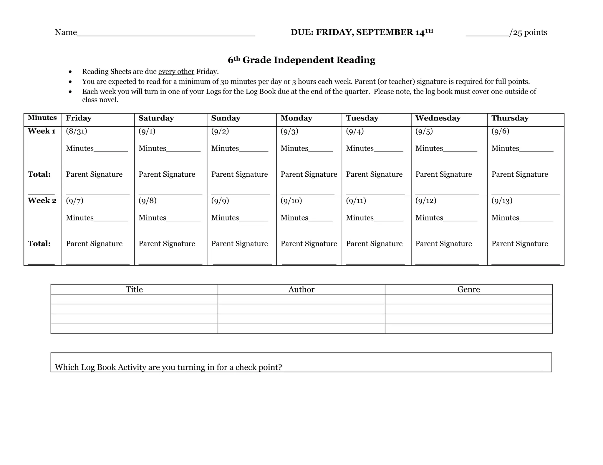6th Grade Independent Reading Sheet | DOCX