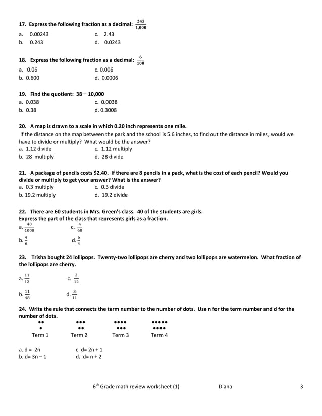 6th grade math review worksheet(1) | PDF