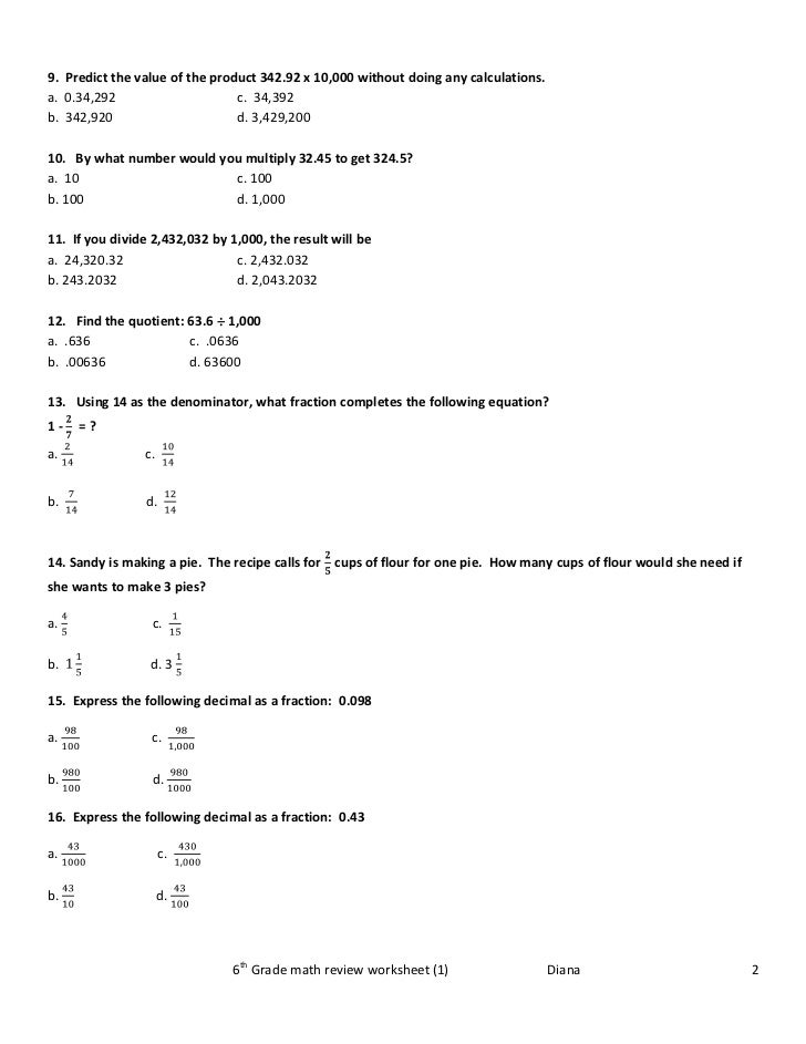 6th Grade Math Review Worksheet 1 6th Grade Math Review Worksheet 1