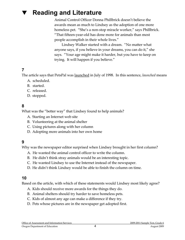6th grade sample oaks test | PDF