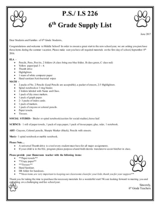 6th grade supply list 2017 (1) | DOCX