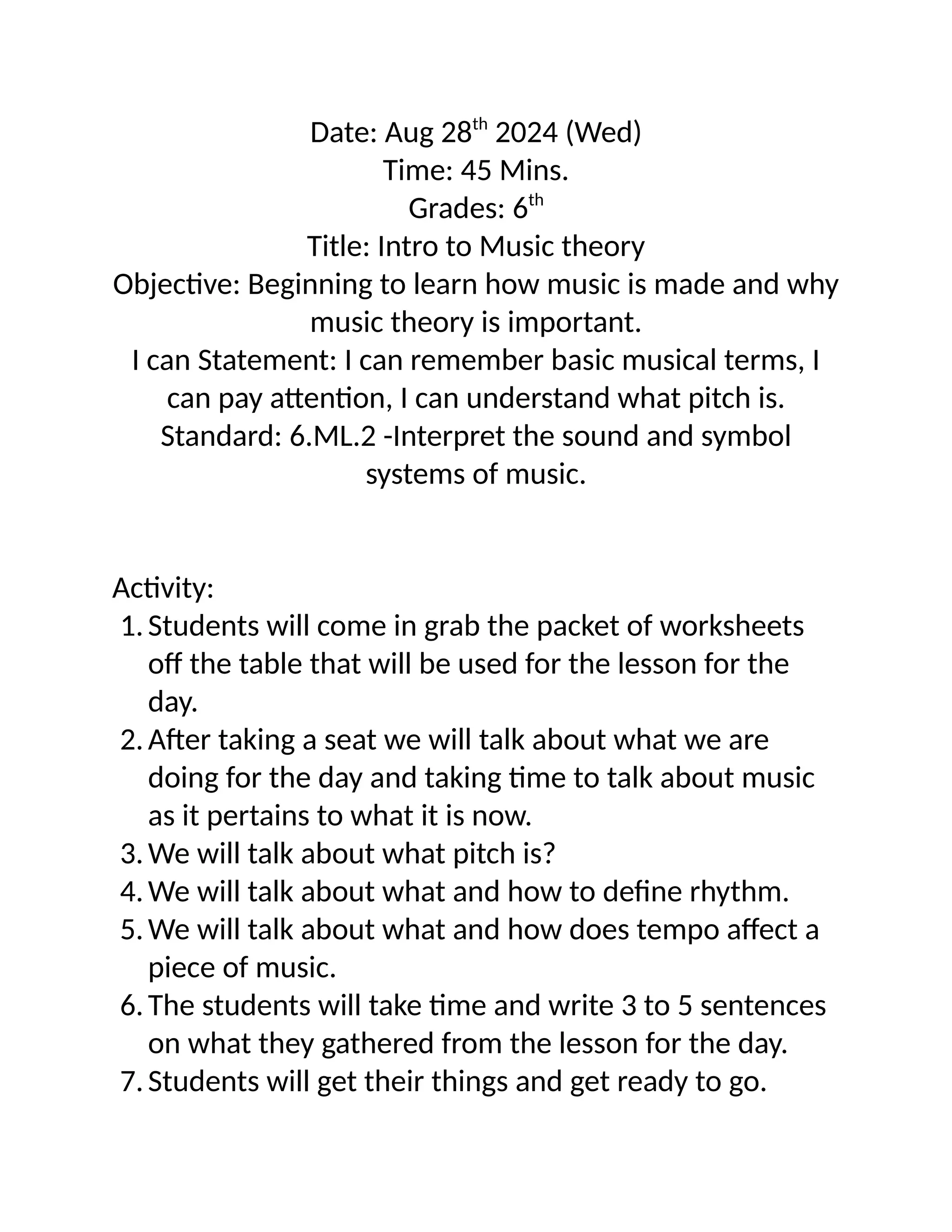 6th Grade week 1 Lesson Plan for music.docx