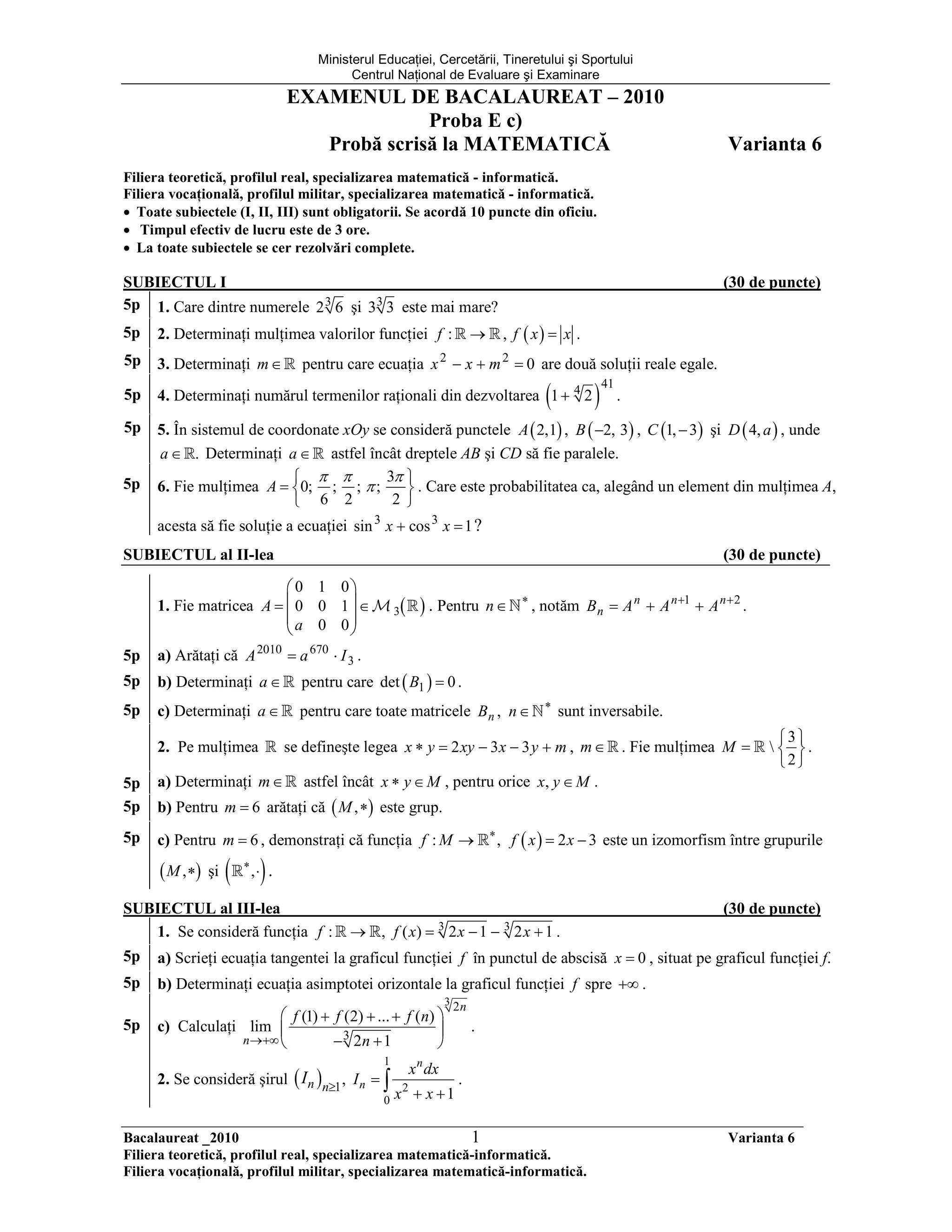 6 varianta oficiala bac matematica m1 2010 (sesiune august) | PDF