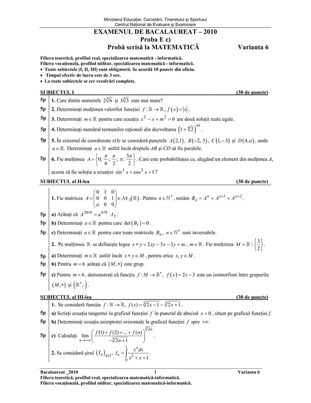 6 varianta oficiala bac matematica m1 2010 (sesiune august) | PDF