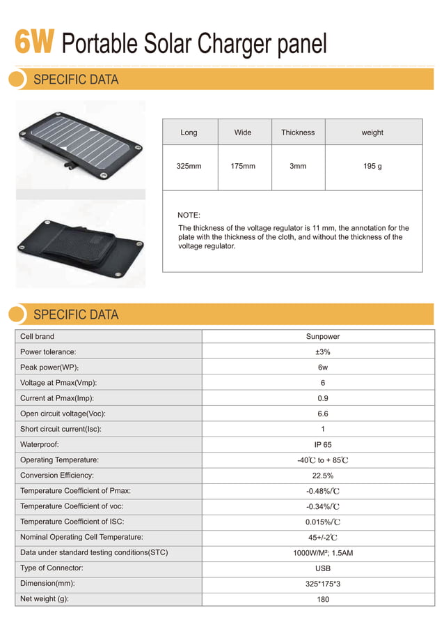 Sungold solar 6w portable solar power charger Specifications | PDF