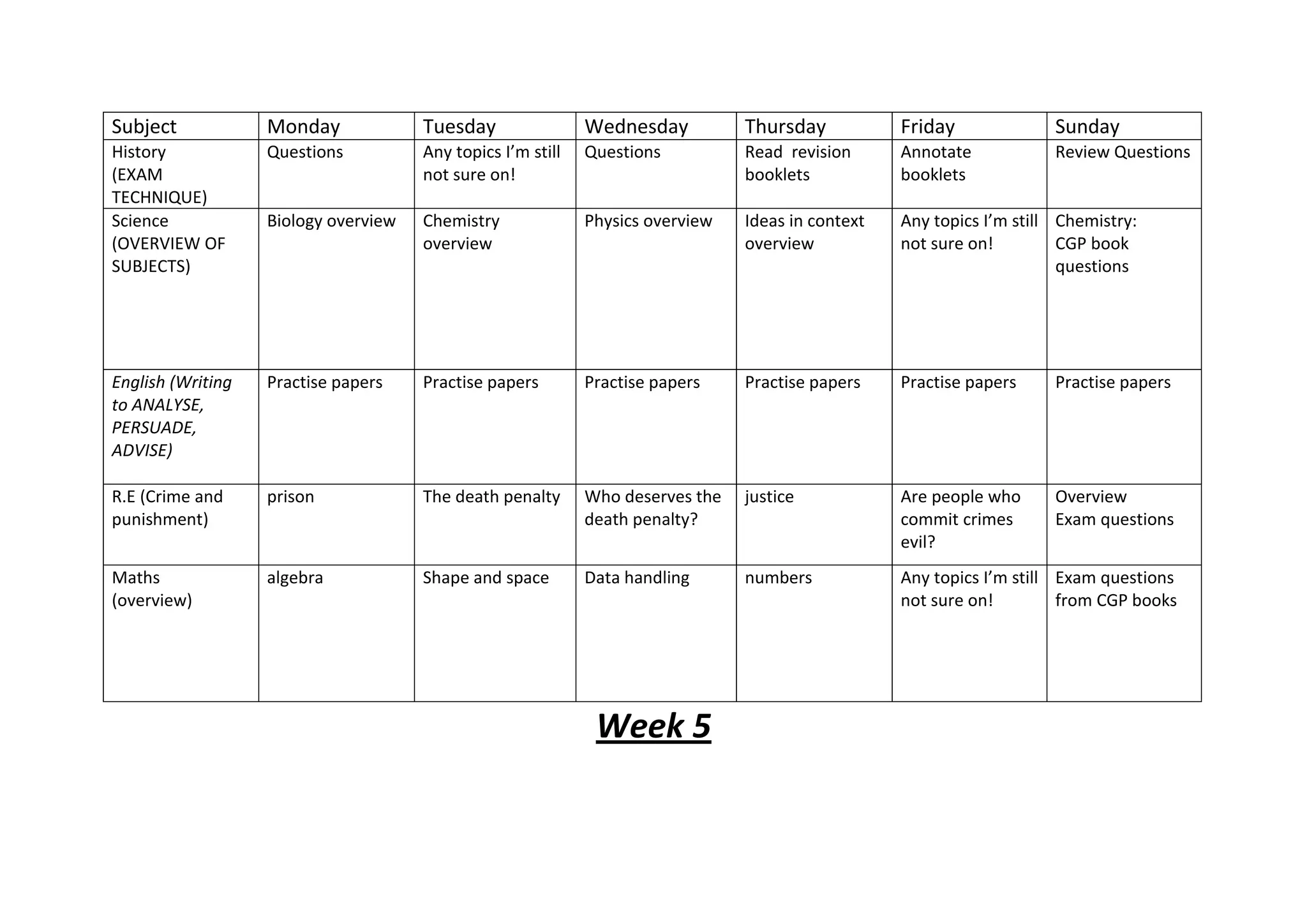 6 Week Revision Plan | DOCX