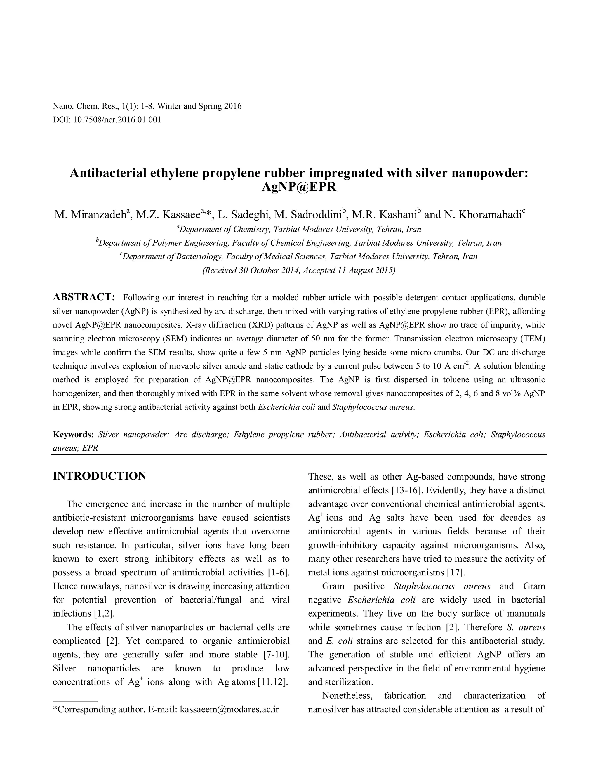 Antibacterial ethylene propylene rubber impregnated with silver ...