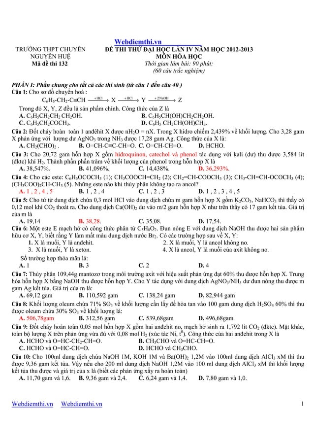 [webdiemthi.vn] de thi thu dai hoc mon hoa so | PDF