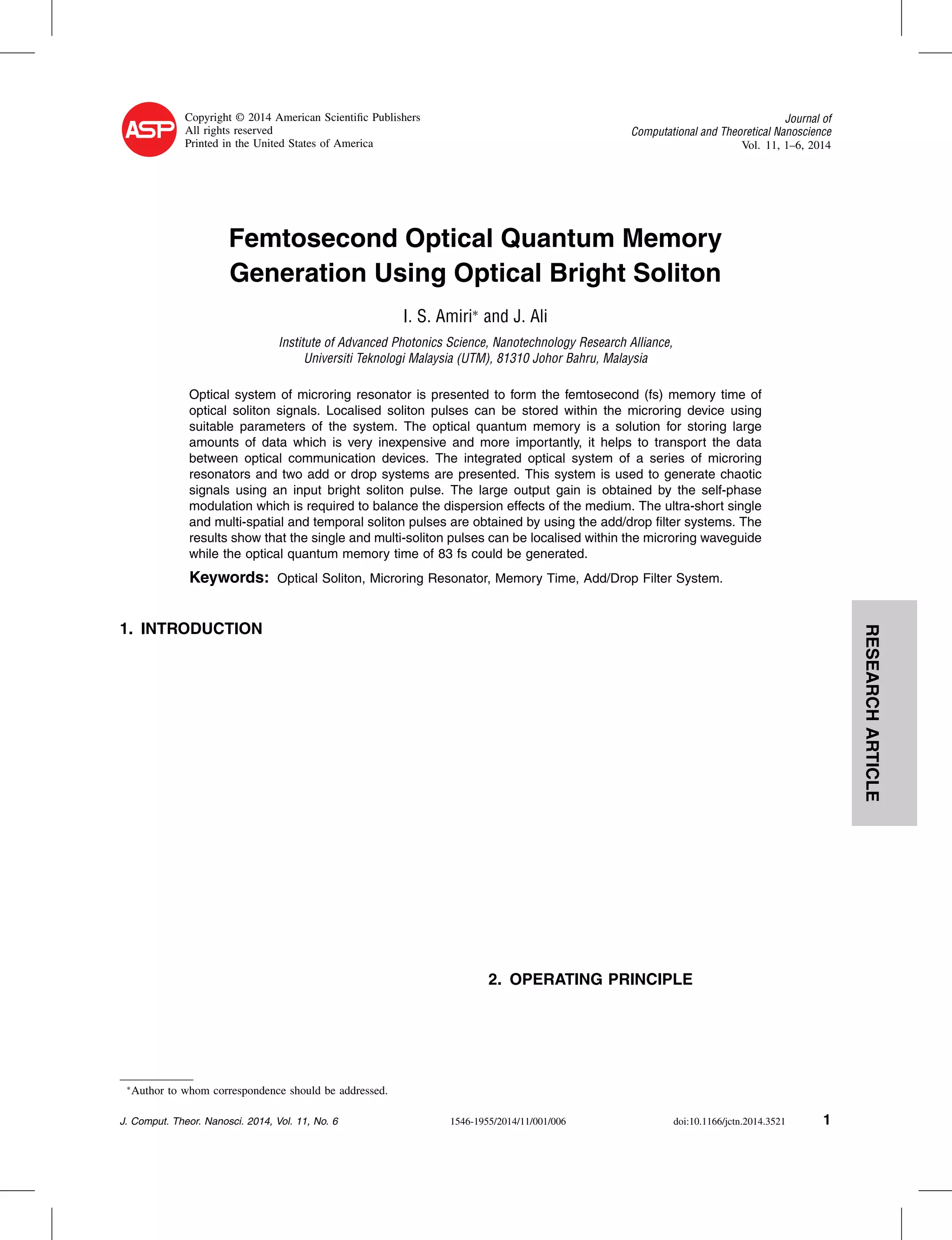 Femtosecond Optical Quantum Memory Generation Using Optical Bright Soliton | PDF