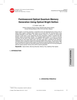 Femtosecond Optical Quantum Memory Generation Using Optical Bright Soliton | PDF