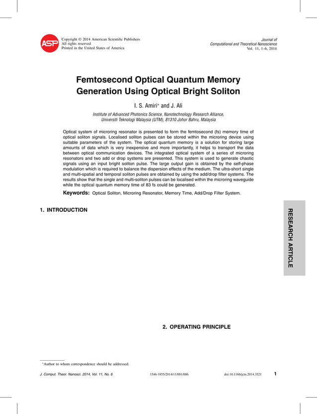Femtosecond Optical Quantum Memory Generation Using Optical Bright Soliton | PDF