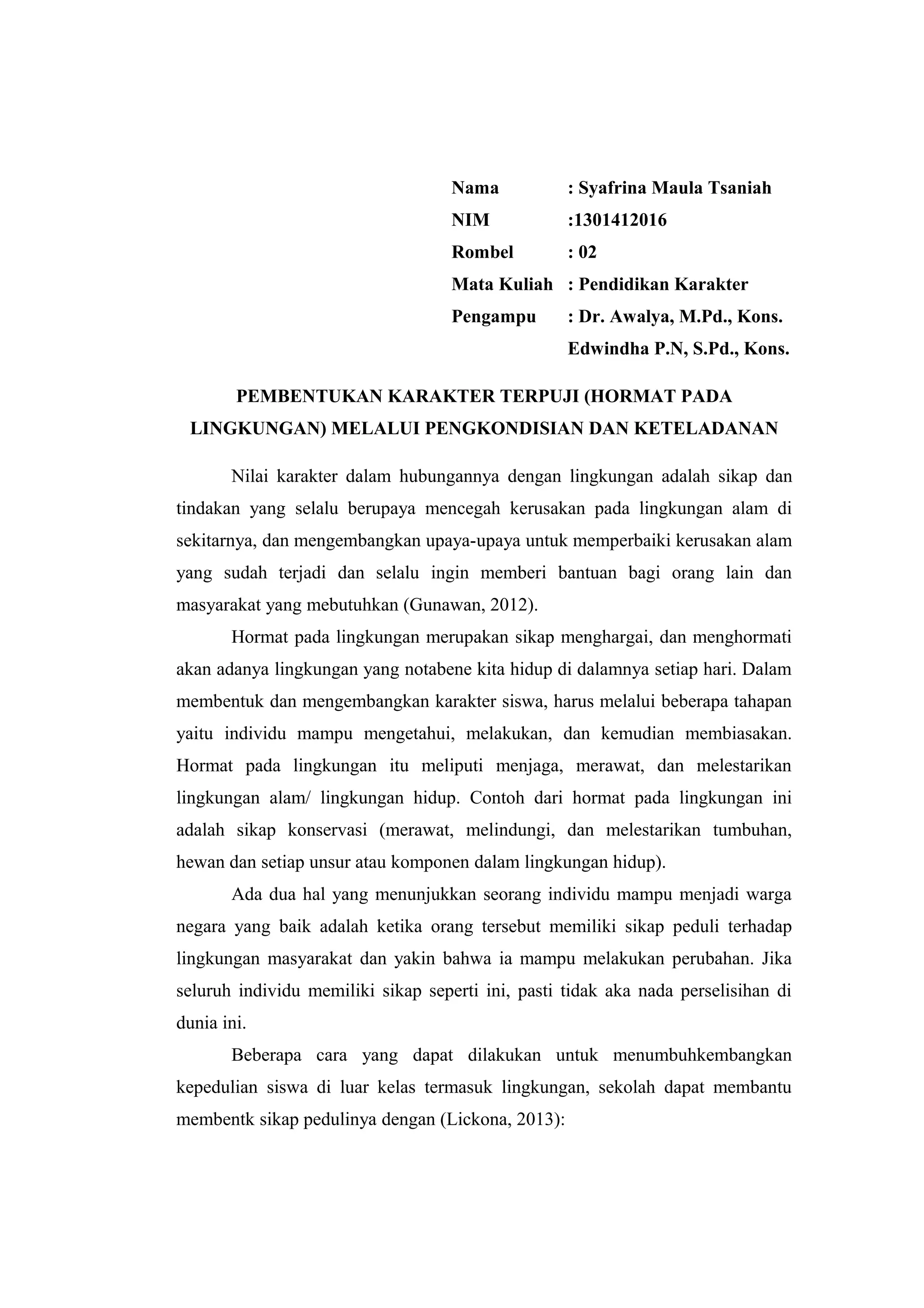 pembentukan karakter hormat terhadap lingkungan | DOC