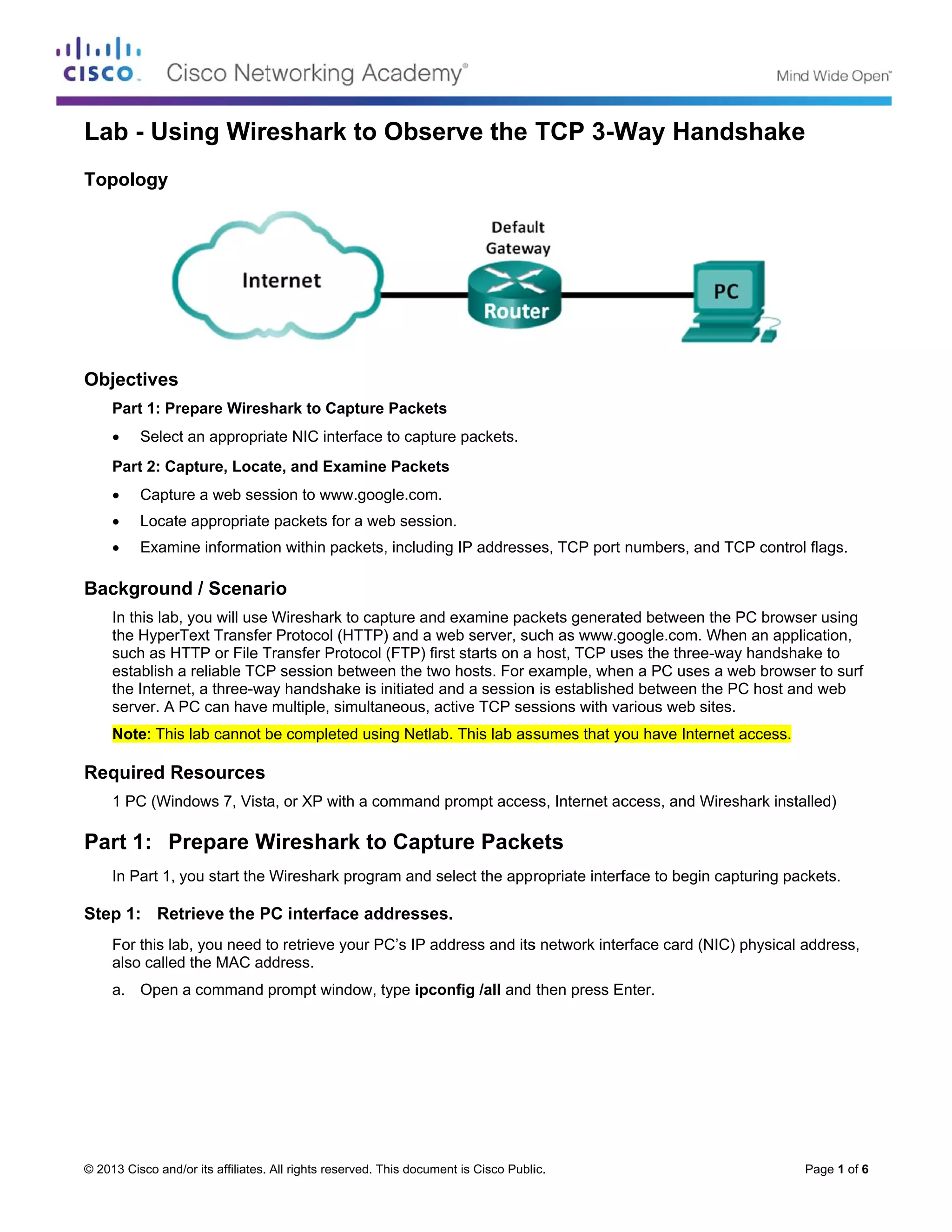 7218 Lab Using Wireshark To Observe The Tcp 3 Way Handshake Pdf