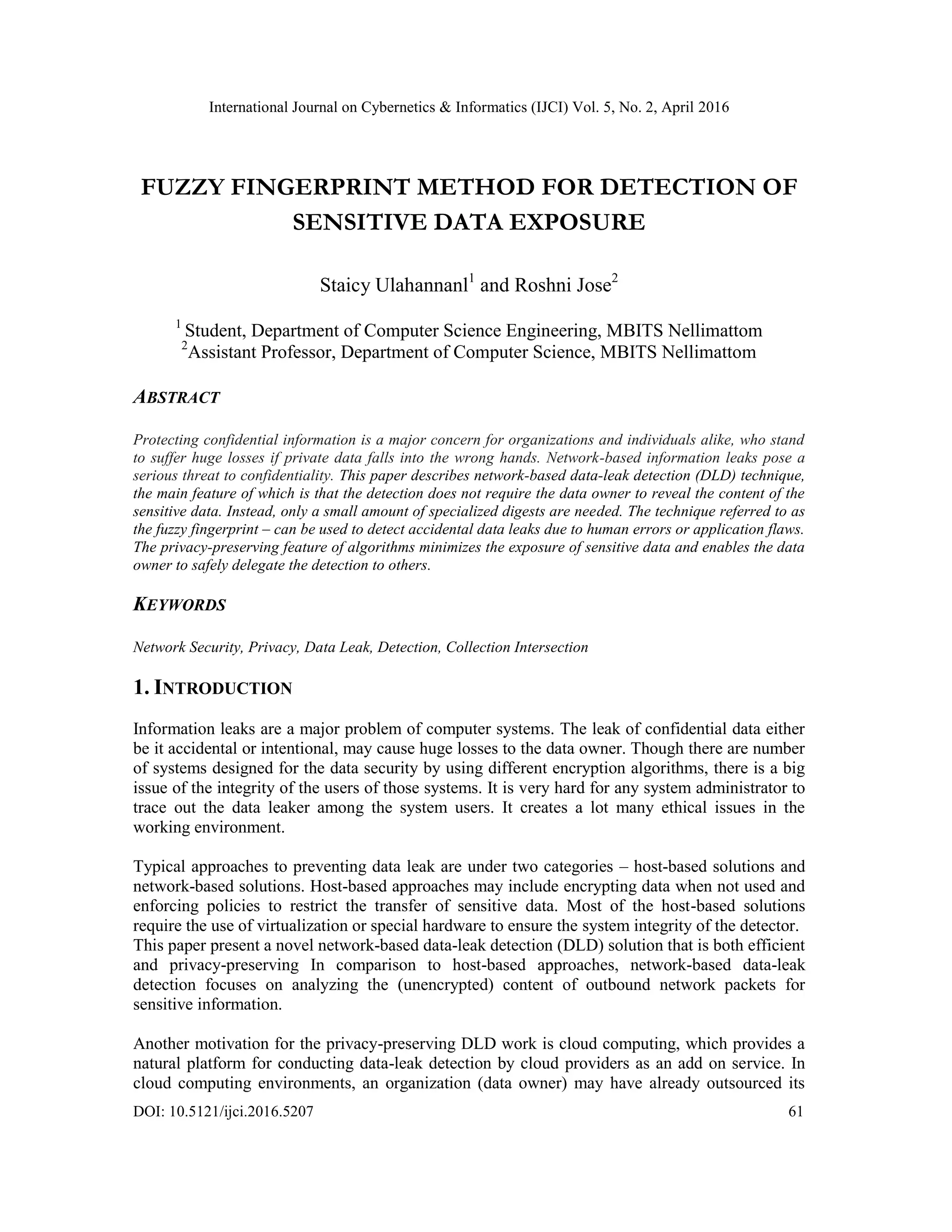 FUZZY FINGERPRINT METHOD FOR DETECTION OF SENSITIVE DATA EXPOSURE | PDF