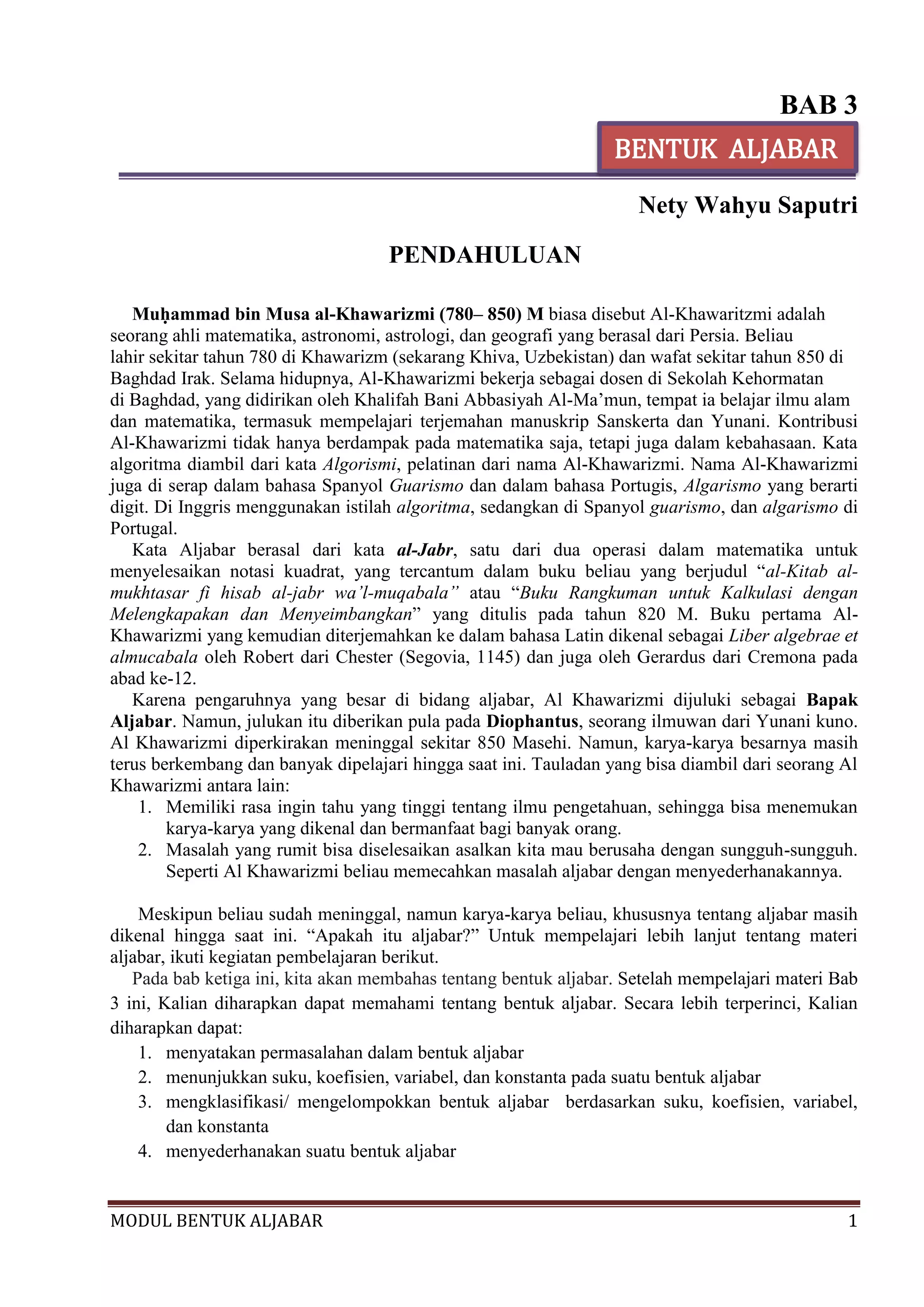 MODUL MENGENAL BENTUK ALJABAR | PDF