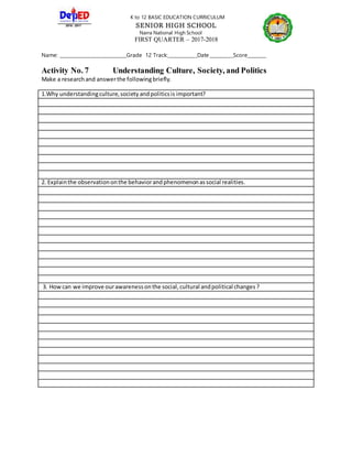7Understanding Culture, Society & Politics ACTIVITY SHEETS | PDF