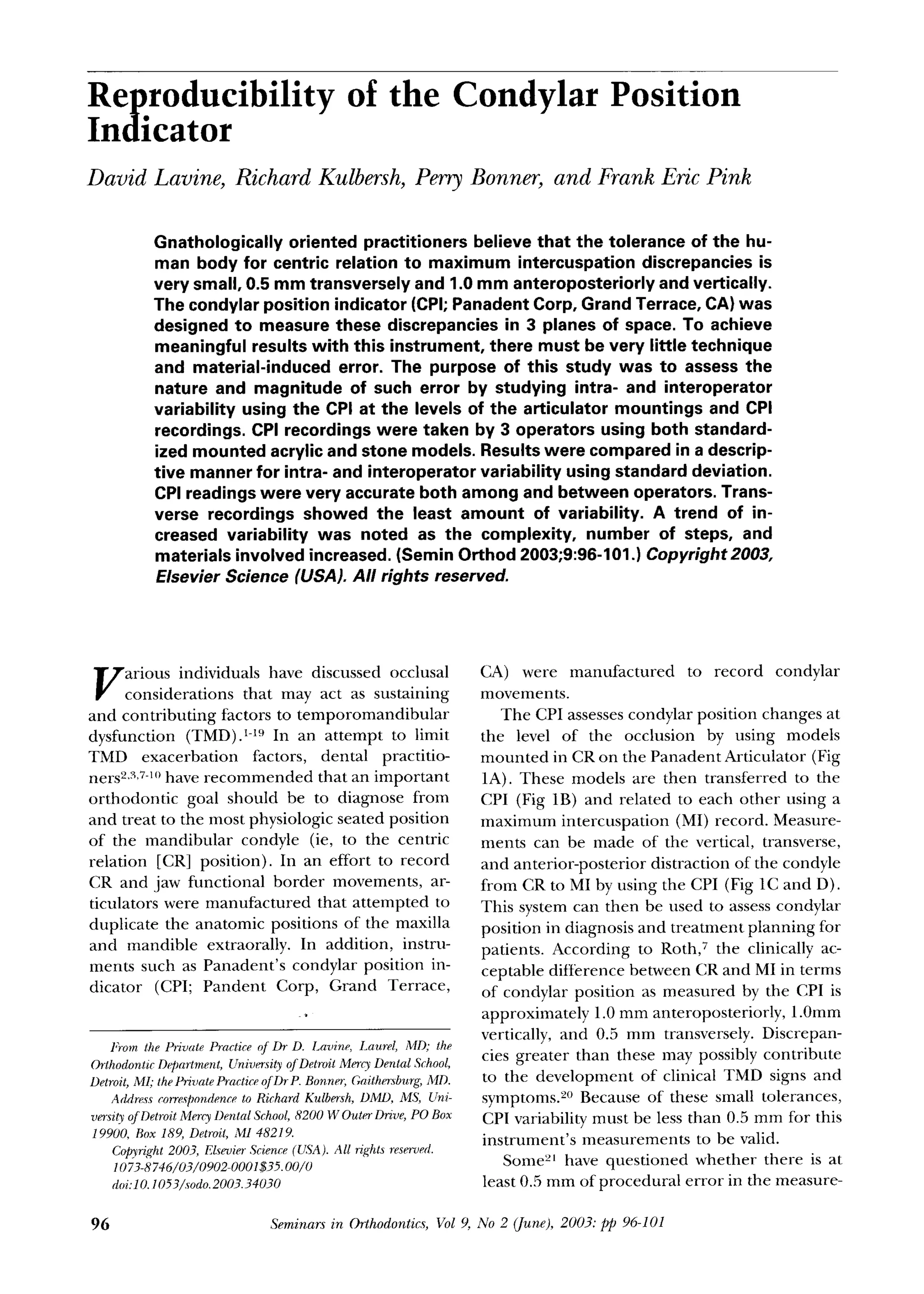 reproducibility of the condylar position indicator | PDF