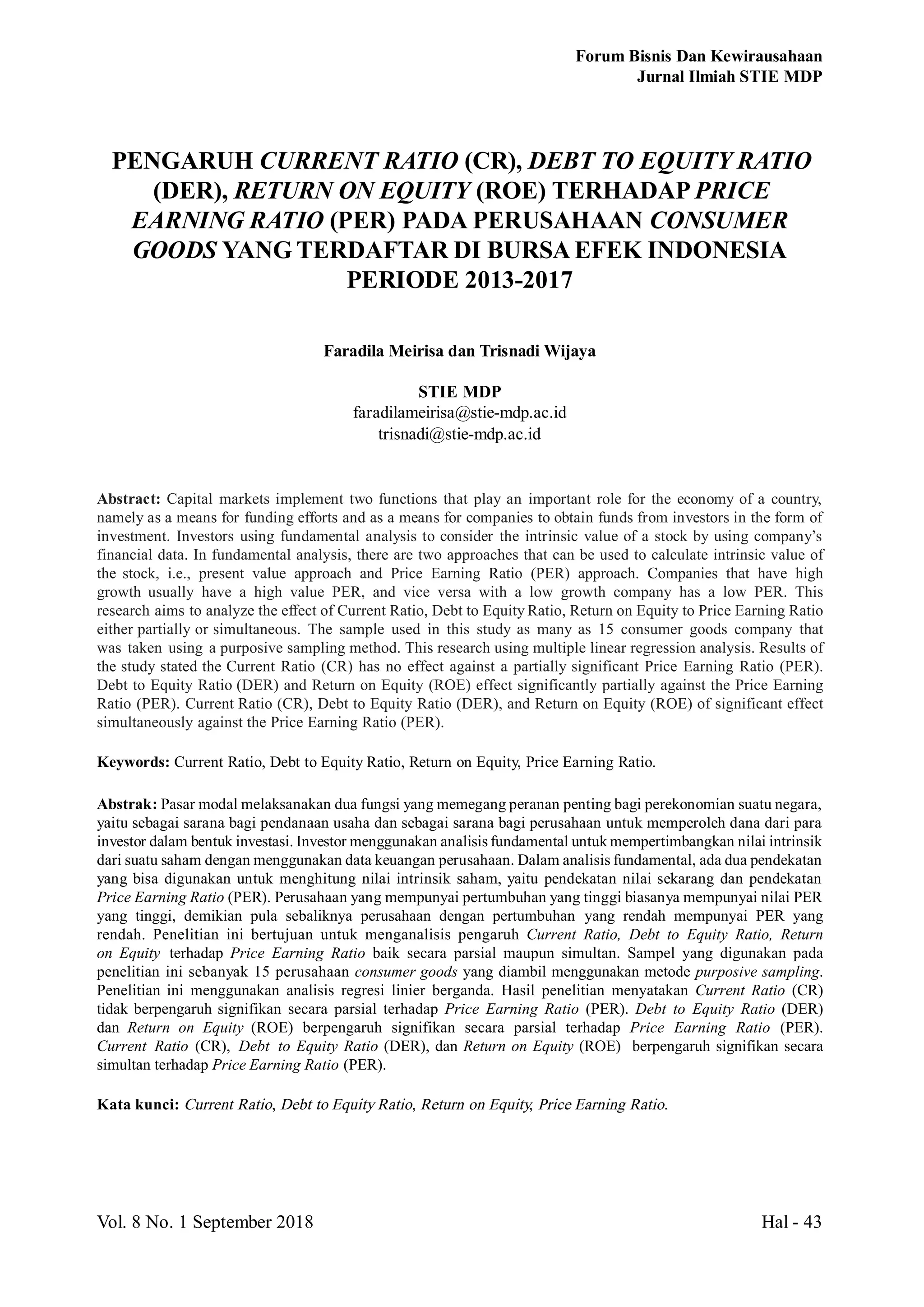 Pengaruh Current Ratio (CR), Debt to Equity Ratio (DER), Return on ...