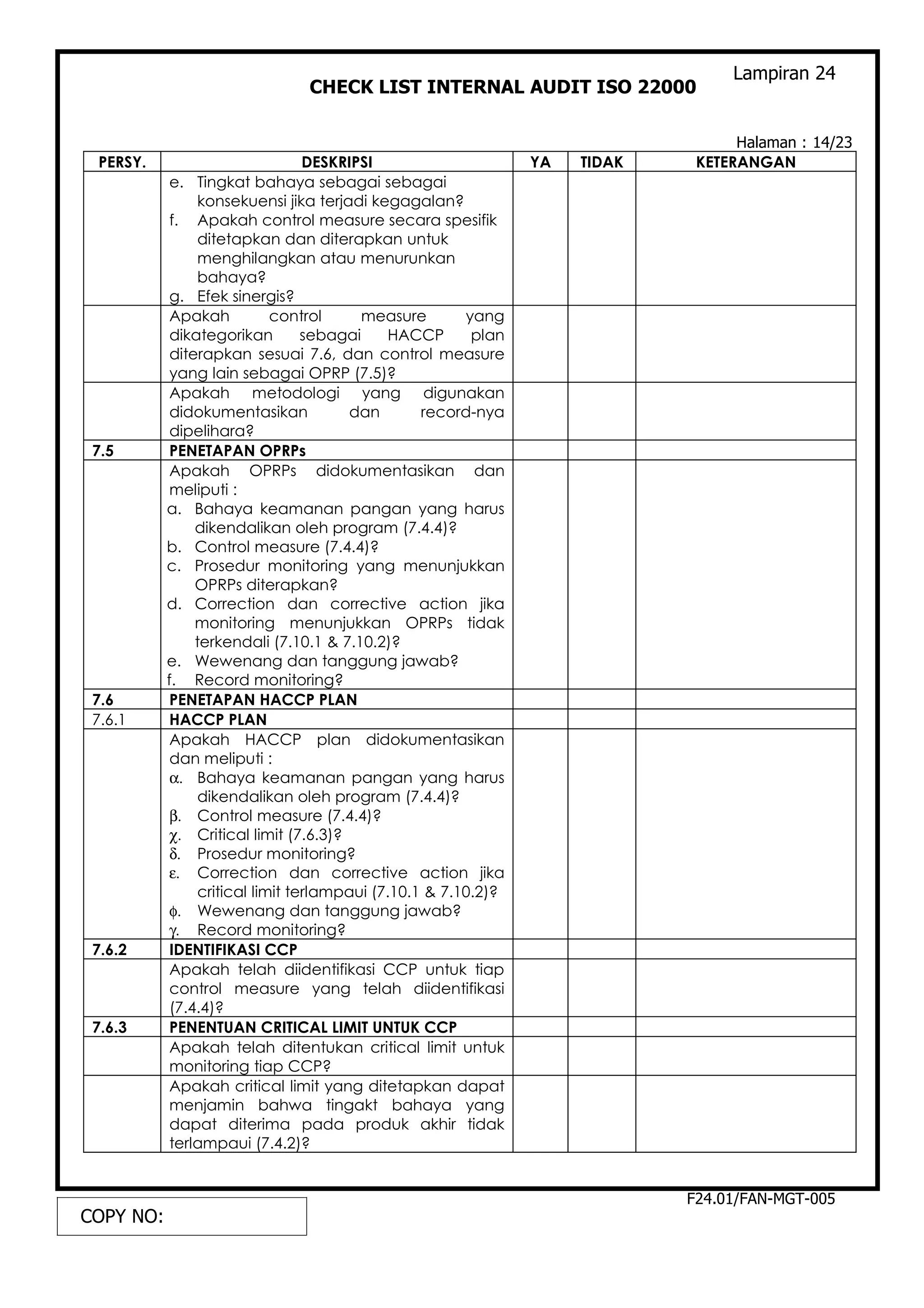 Checklist ISO 22000 versi 2005 | PDF