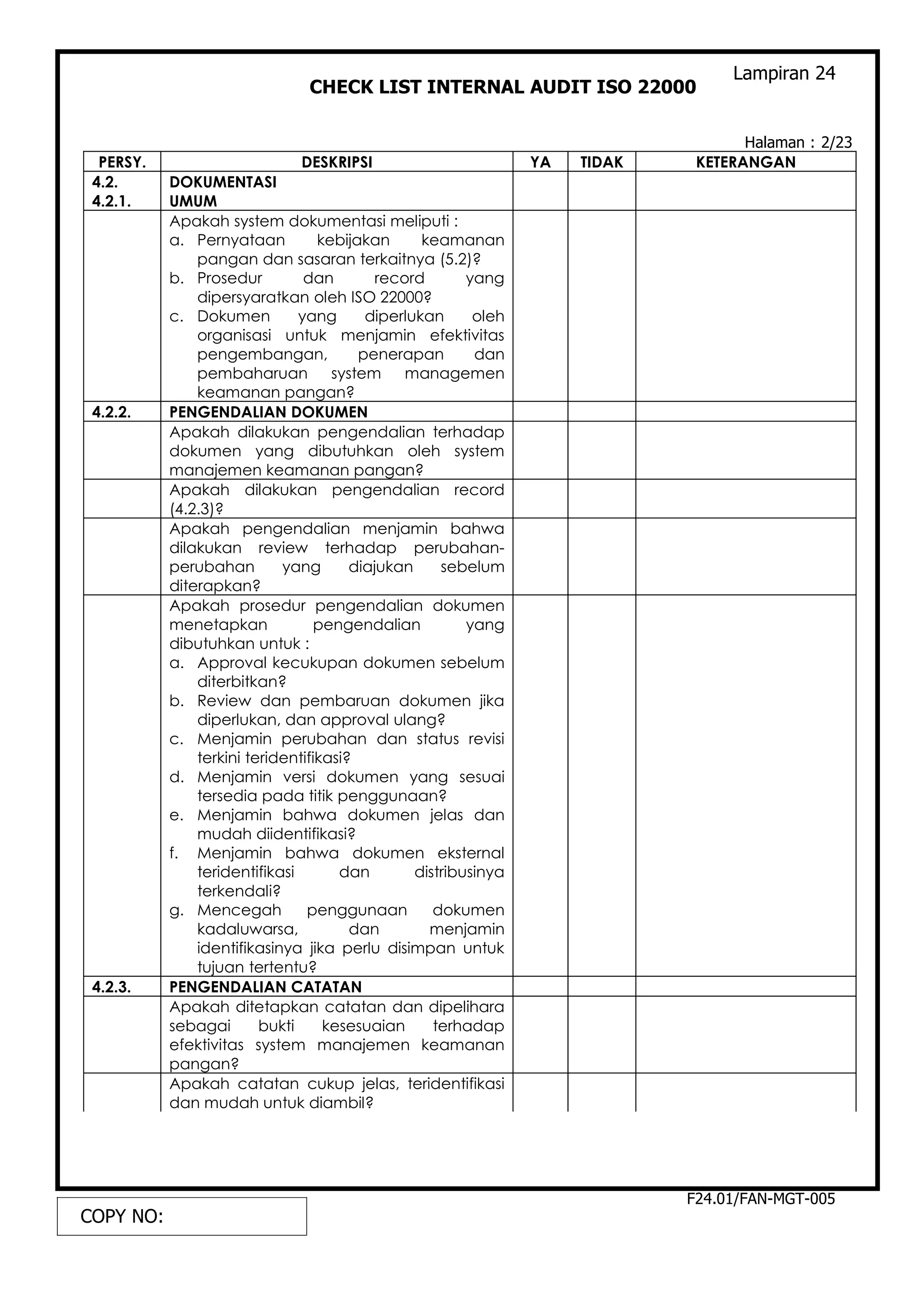 Checklist ISO 22000 versi 2005 | PDF
