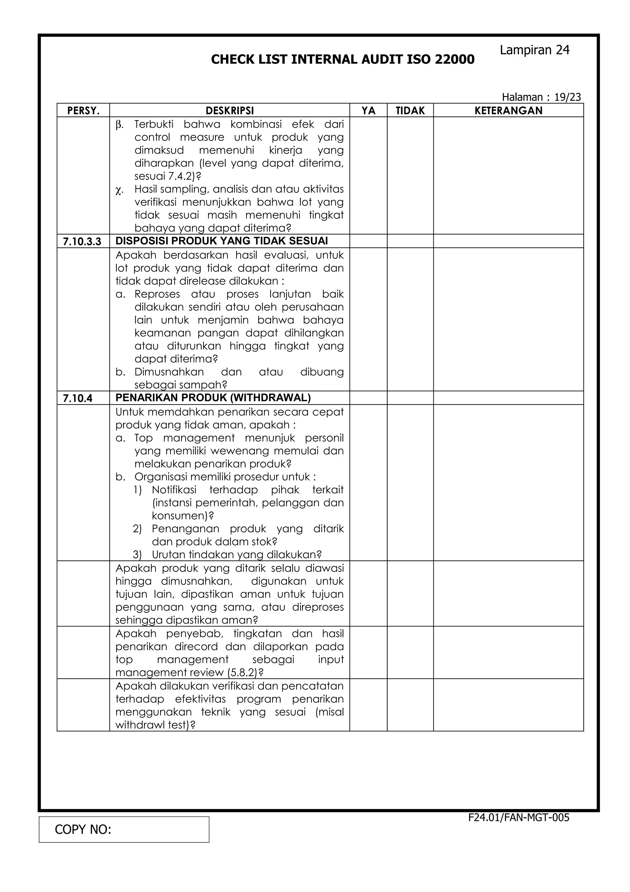 Checklist ISO 22000 versi 2005 | PDF