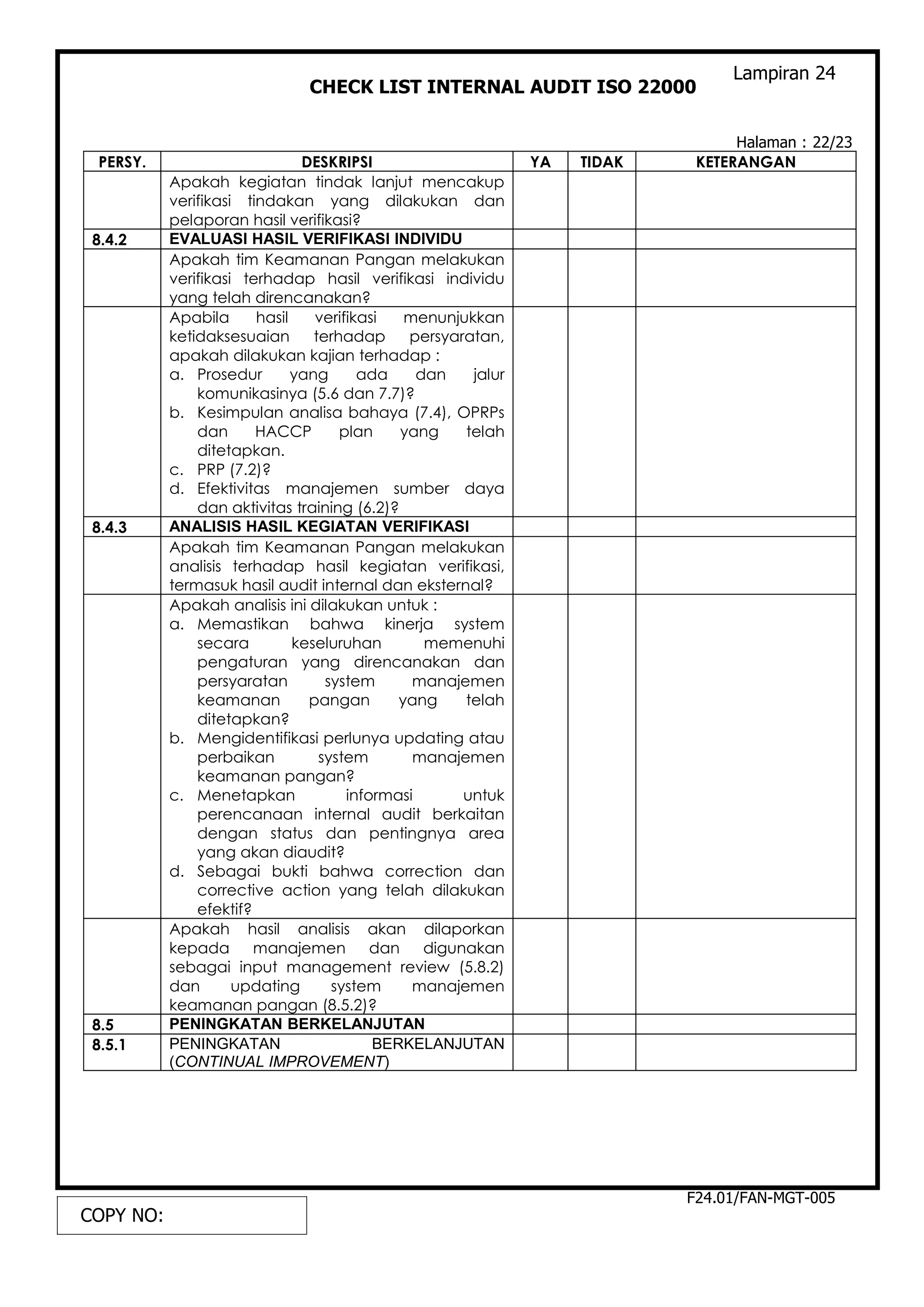 Checklist ISO 22000 versi 2005 | PDF