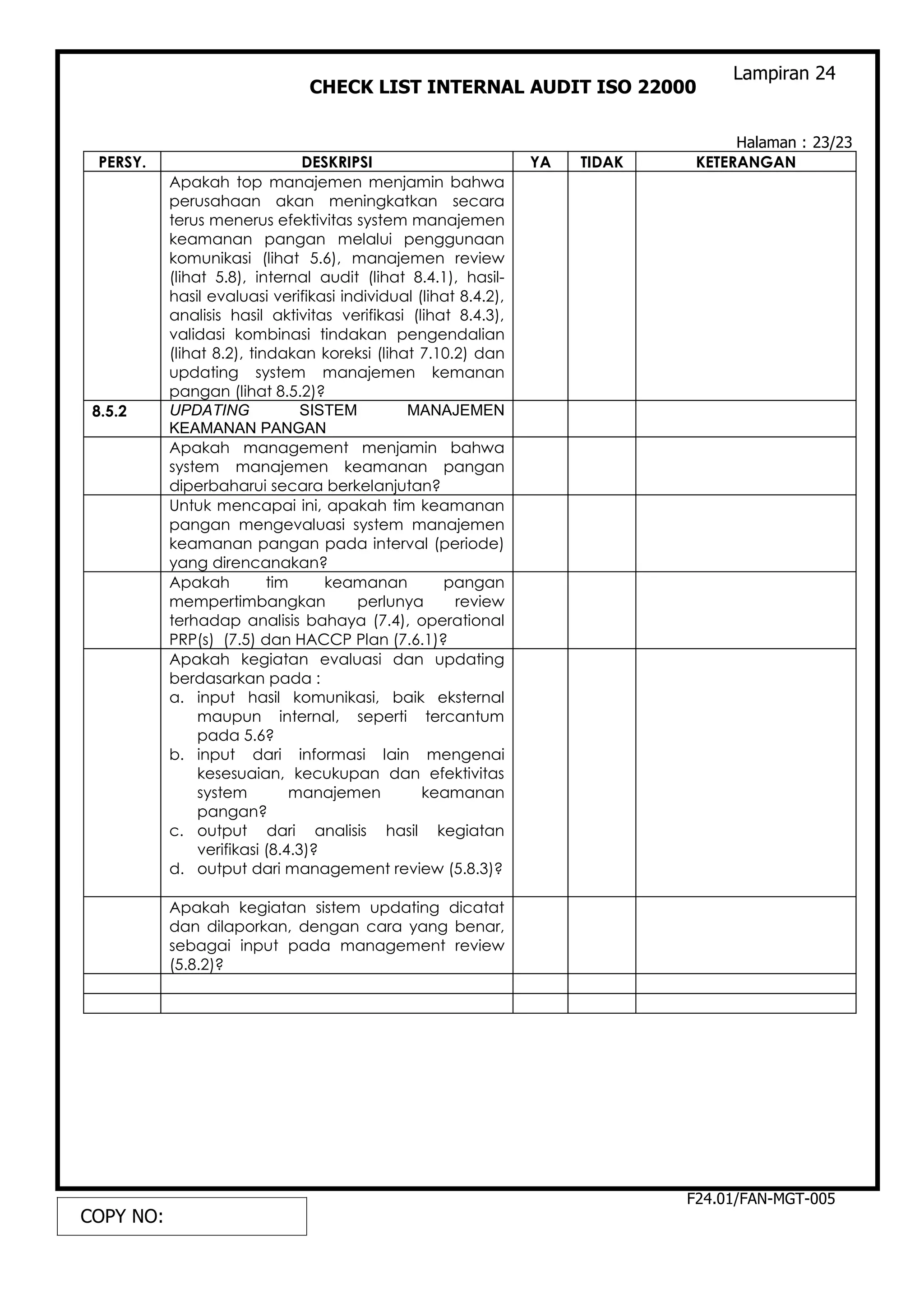Checklist ISO 22000 versi 2005 | PDF