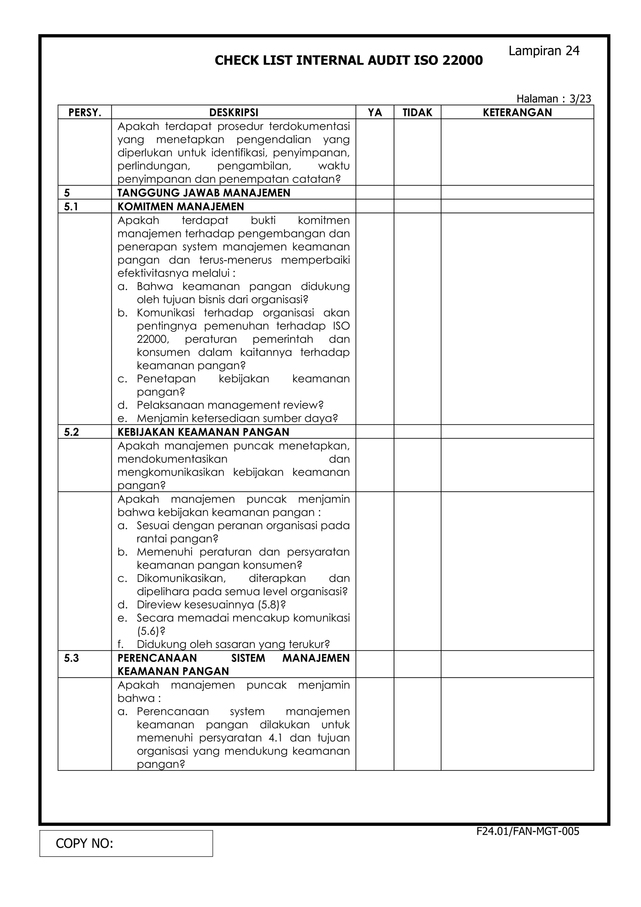 Checklist ISO 22000 versi 2005 | PDF