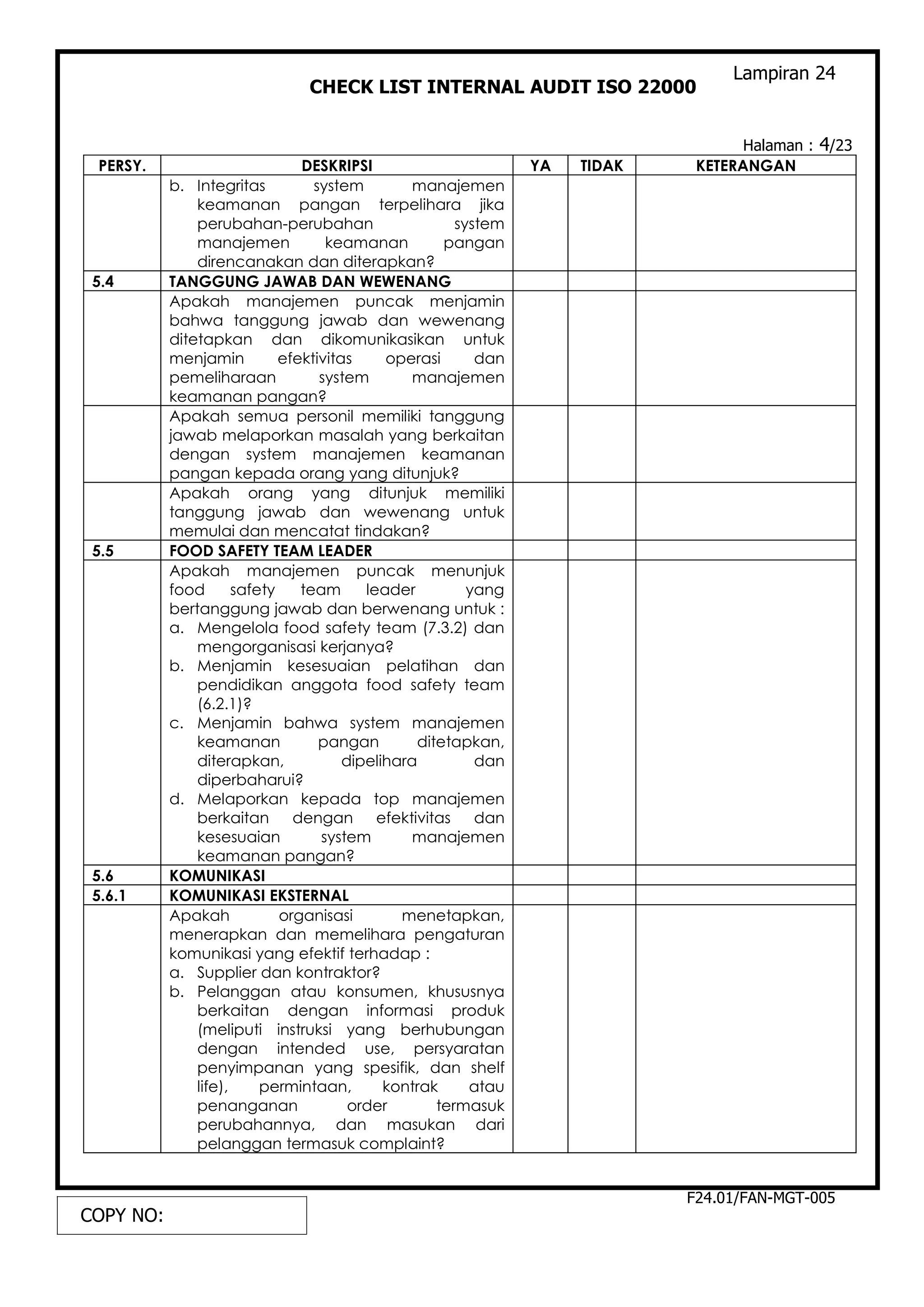 Checklist ISO 22000 versi 2005 | PDF