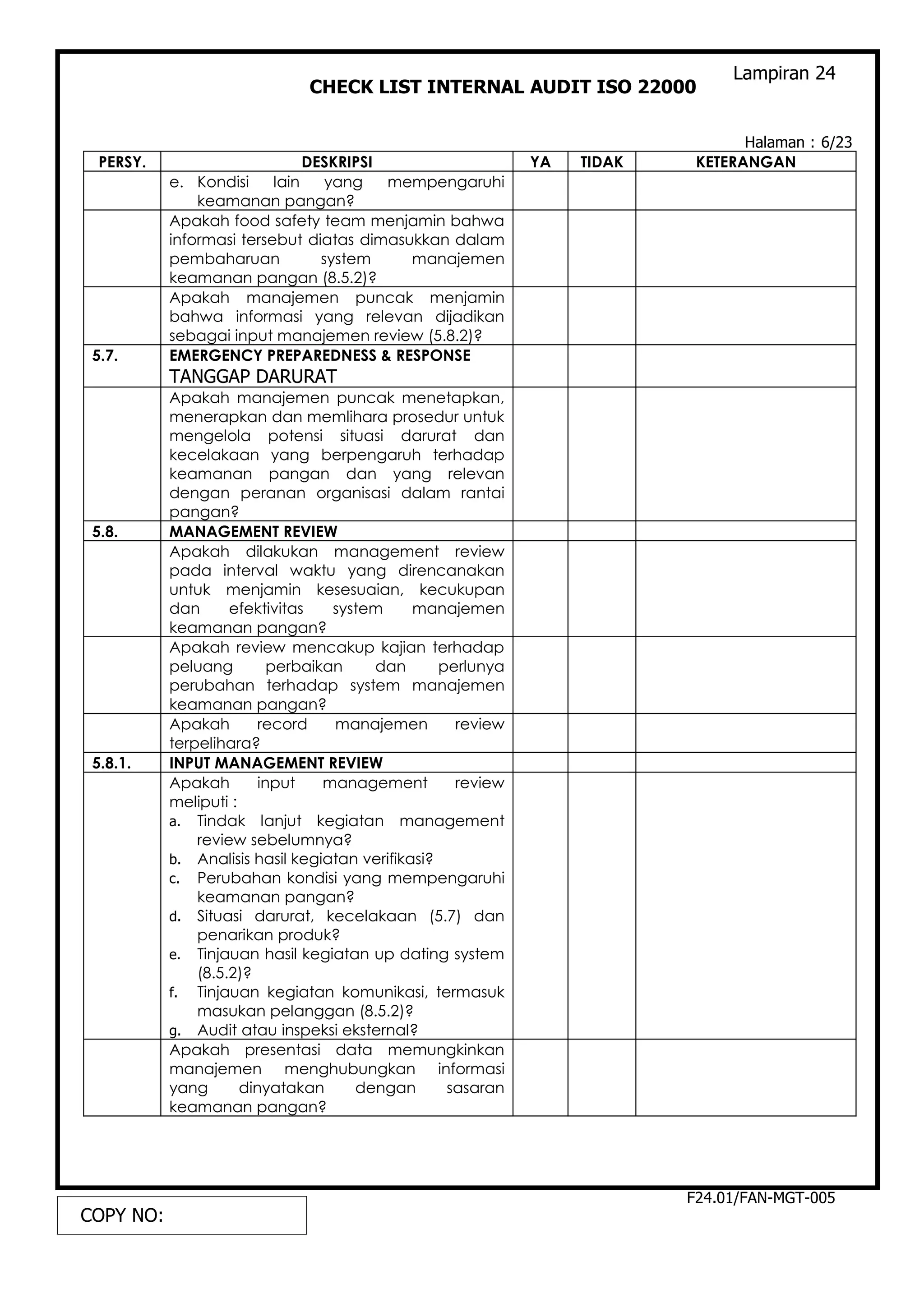 Checklist ISO 22000 versi 2005 | PDF