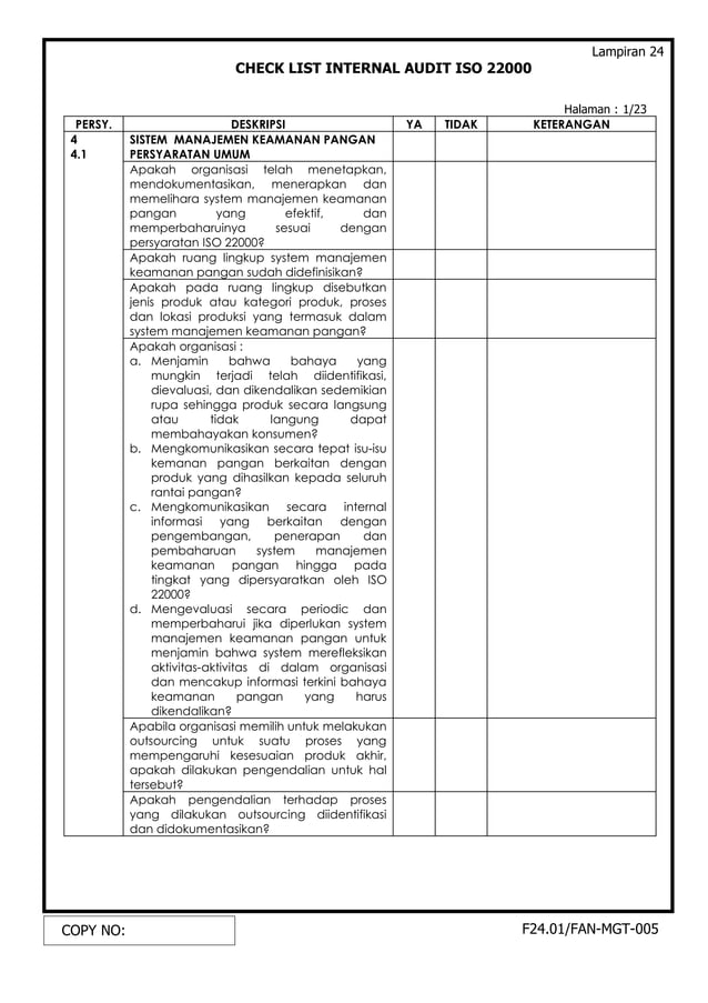 Checklist ISO 22000 versi 2005 | PDF